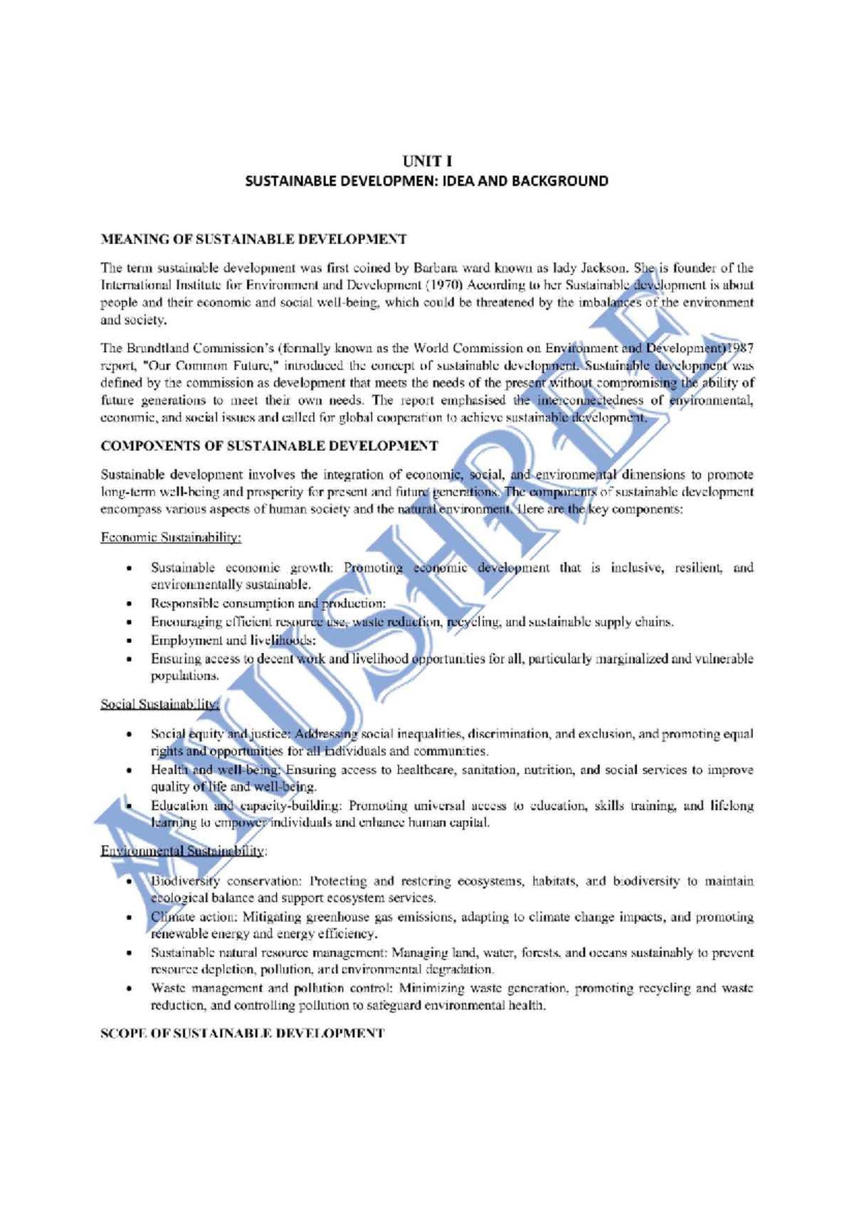 UNIT 1 - Ggggg - UNIT I SUSTAINABLE DEVELOPMEN: IDEA AND BACKGROUND ...