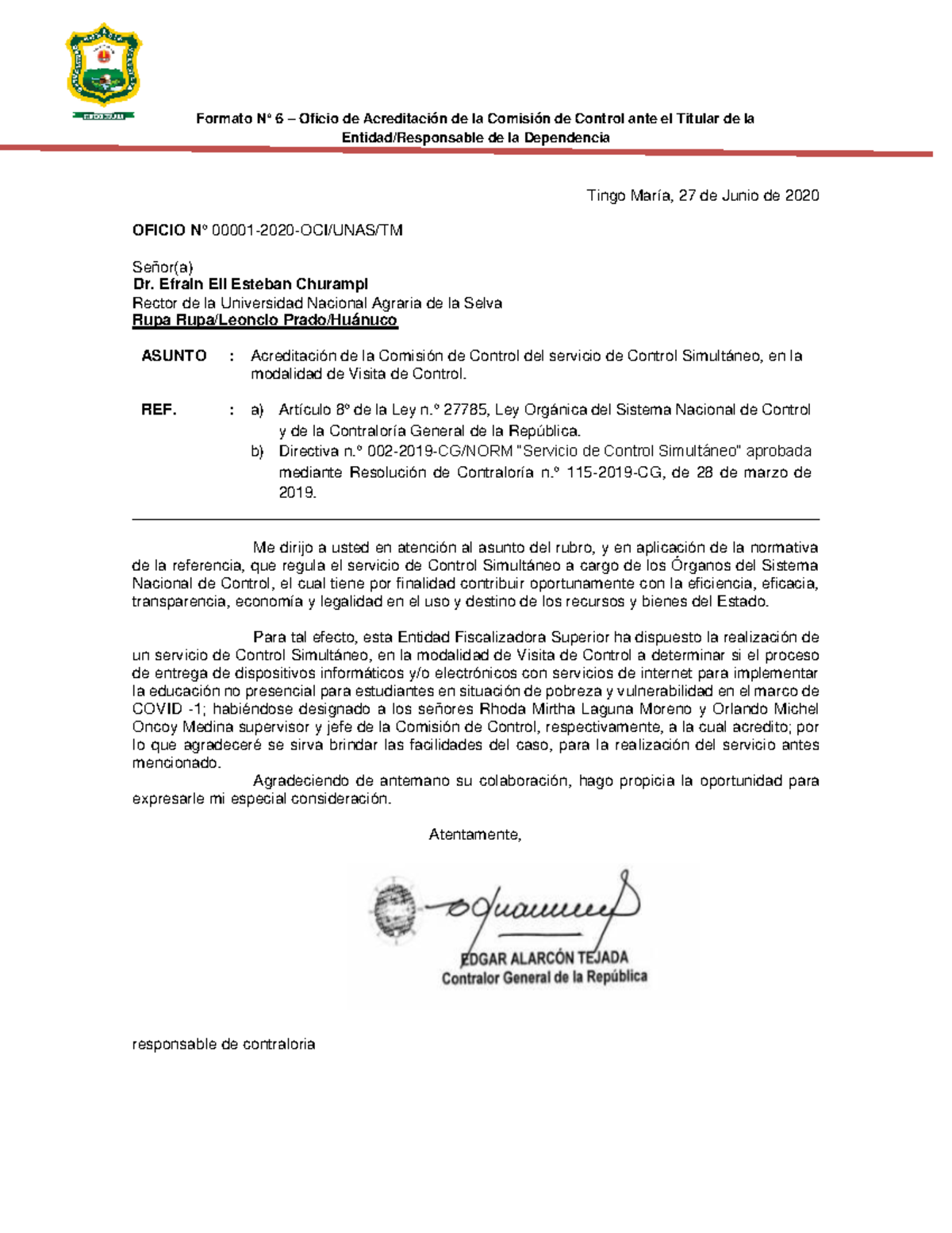 Formato 6 - Oficio de Acreditación de la Comisión de Control ante el ...