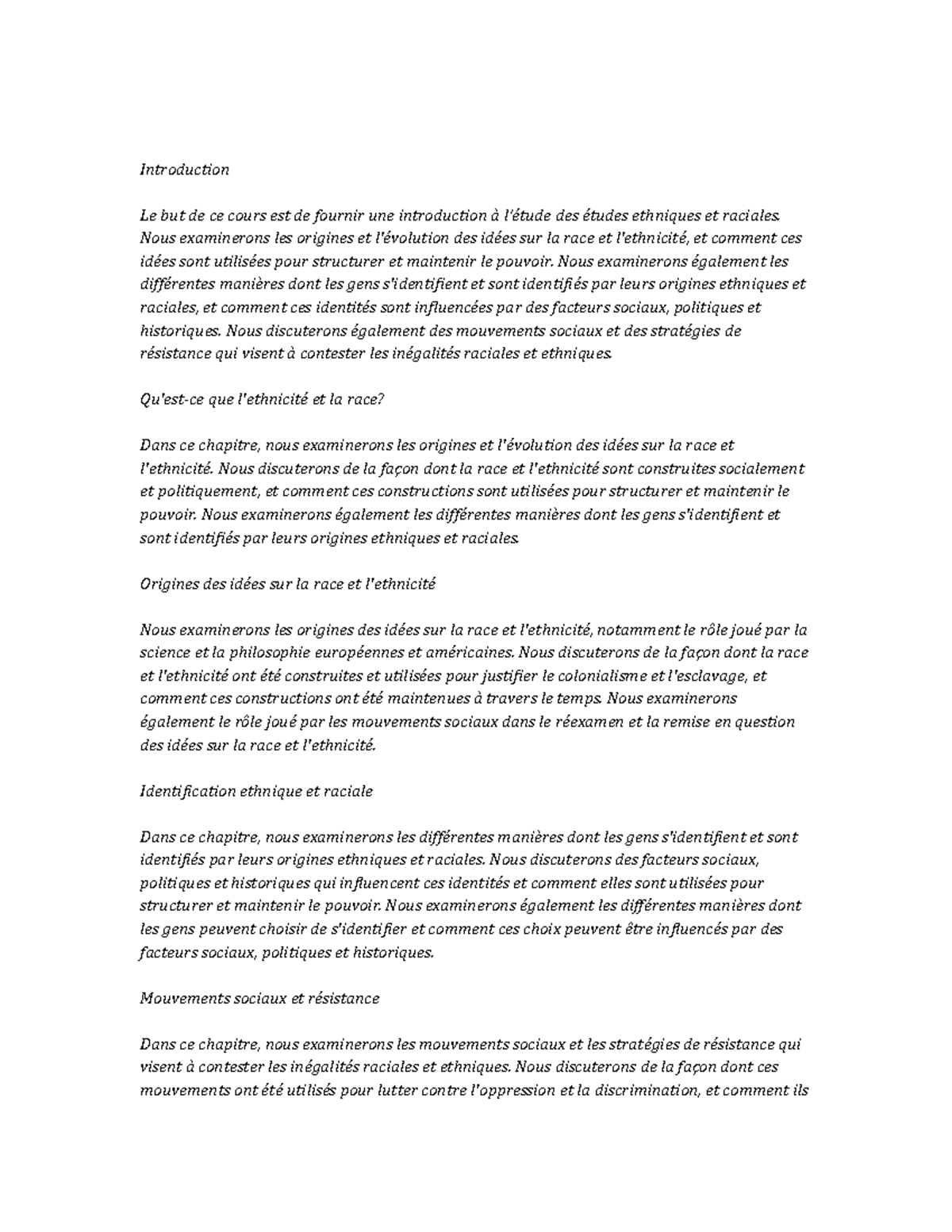 Ethnic and Racial Studies Study Notes - Introduction Le but de ce cours ...