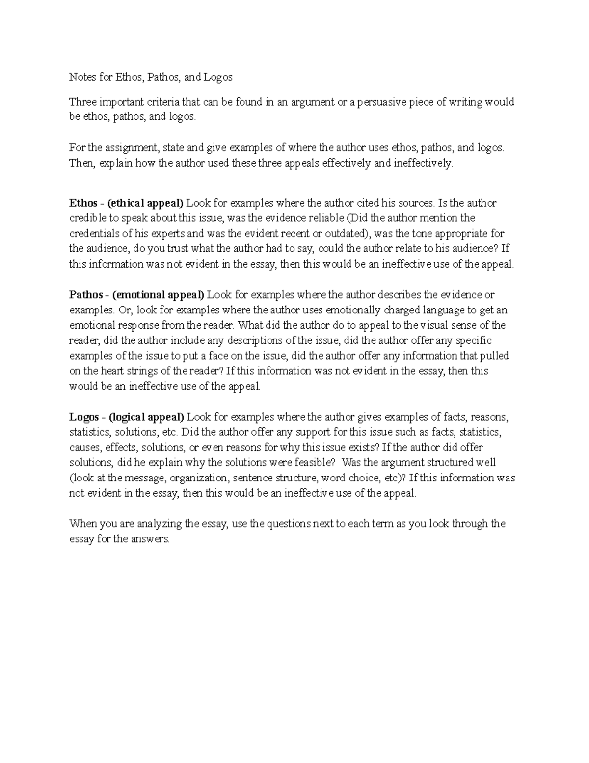 Notes for Ethos, Pathos, Logos - Notes for Ethos, Pathos, and Logos ...