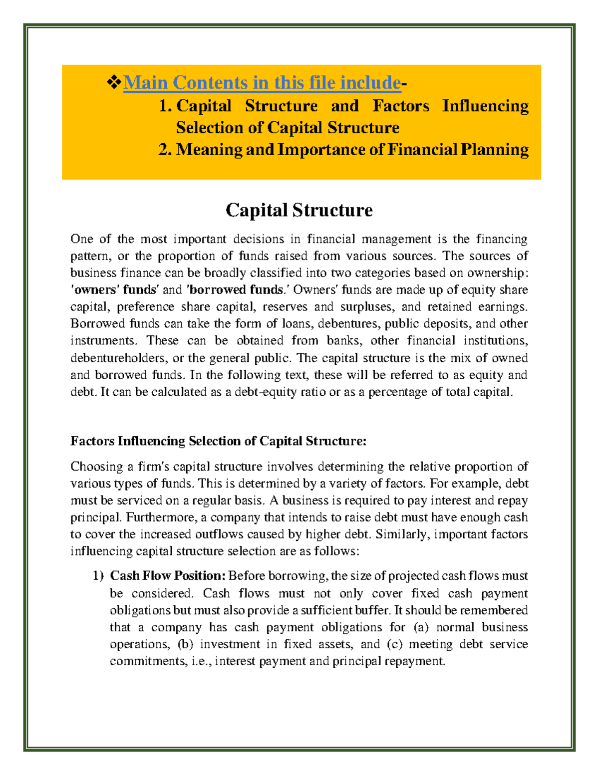 Capital Structure and Financial Planning - Main Contents in this file ...