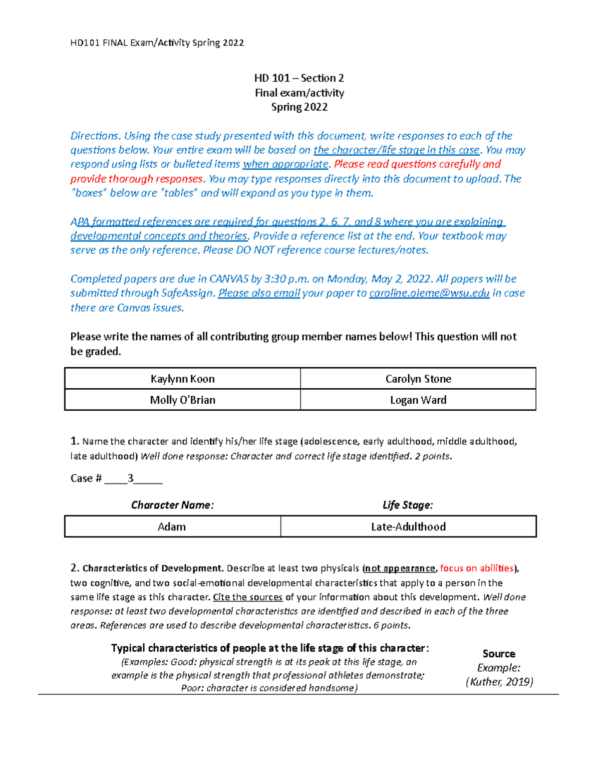 Final EXAM Questions Spring 2022 H 101 SECT 1 - HD 101 – Section 2 ...