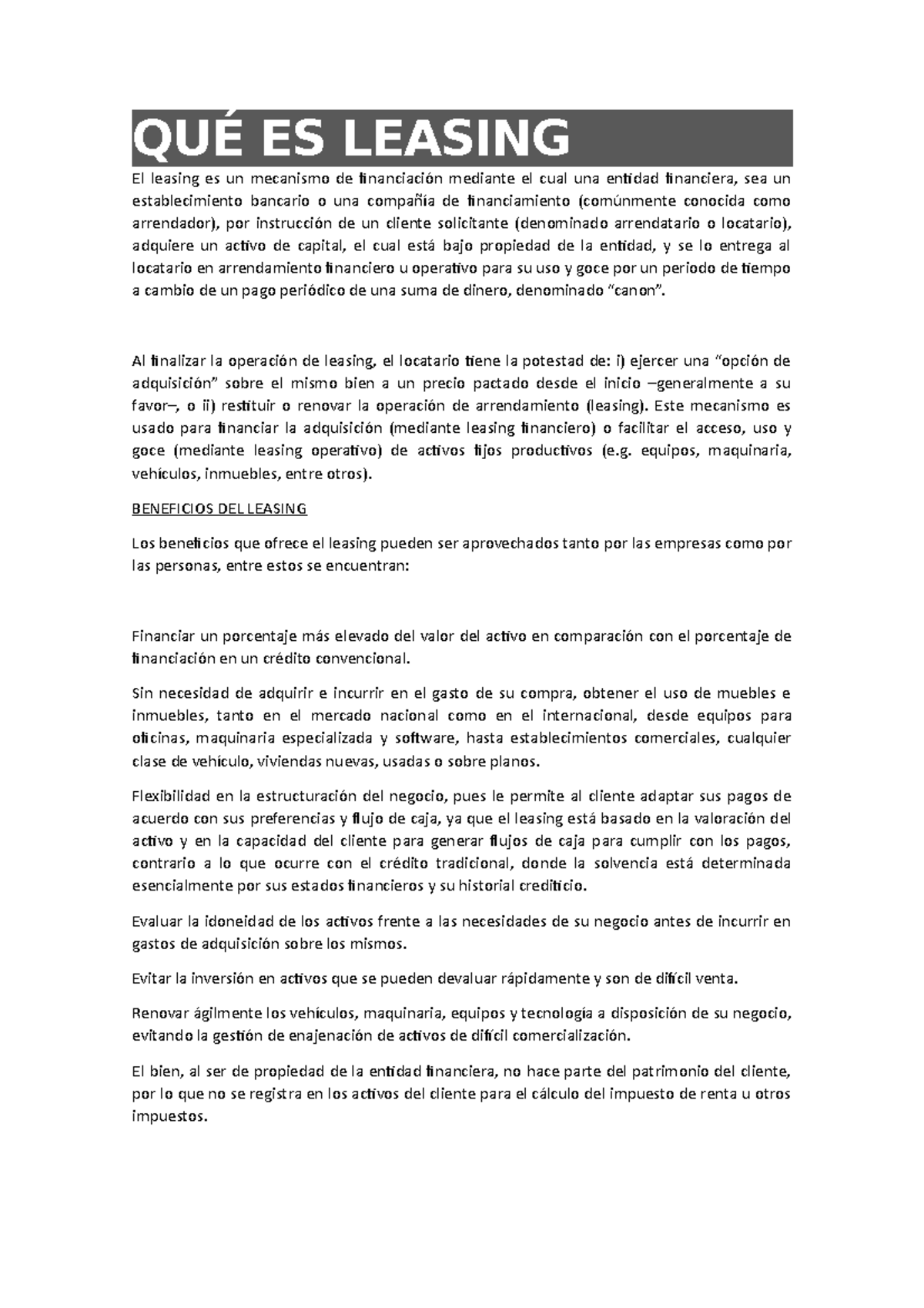 Leasing - QUÉ ES LEASING El leasing es un mecanismo de financiación ...