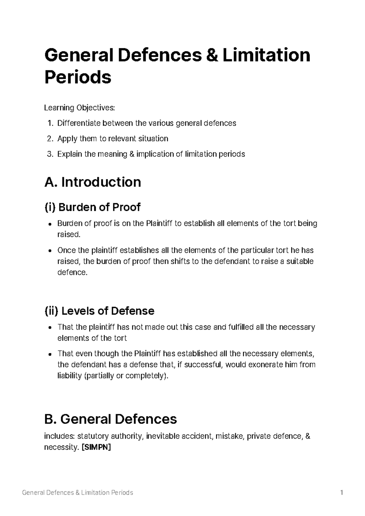 General Defences and Limitation Periods Notes - General Defences ...