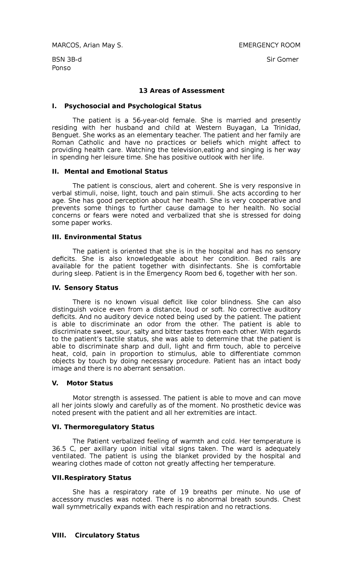Marcos ER 13 Areas - ncp - MARCOS, Arian May S. EMERGENCY ROOM BSN 3B-d ...