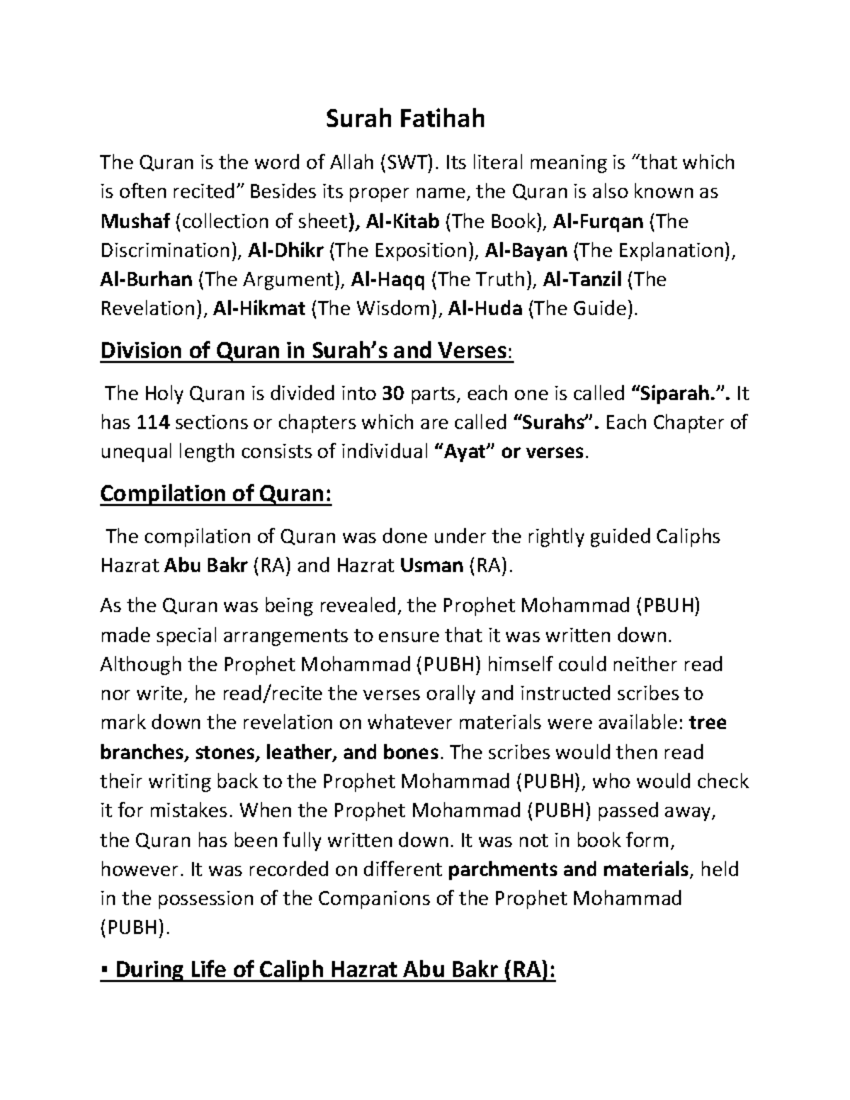 Division of quran surah's - Islamic Studies - Studocu