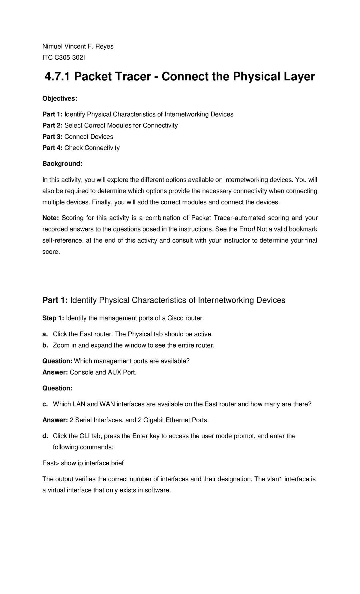 4.7.1 Packet Tracer - Connect the Physical Layer - Reyes - Nimuel ...