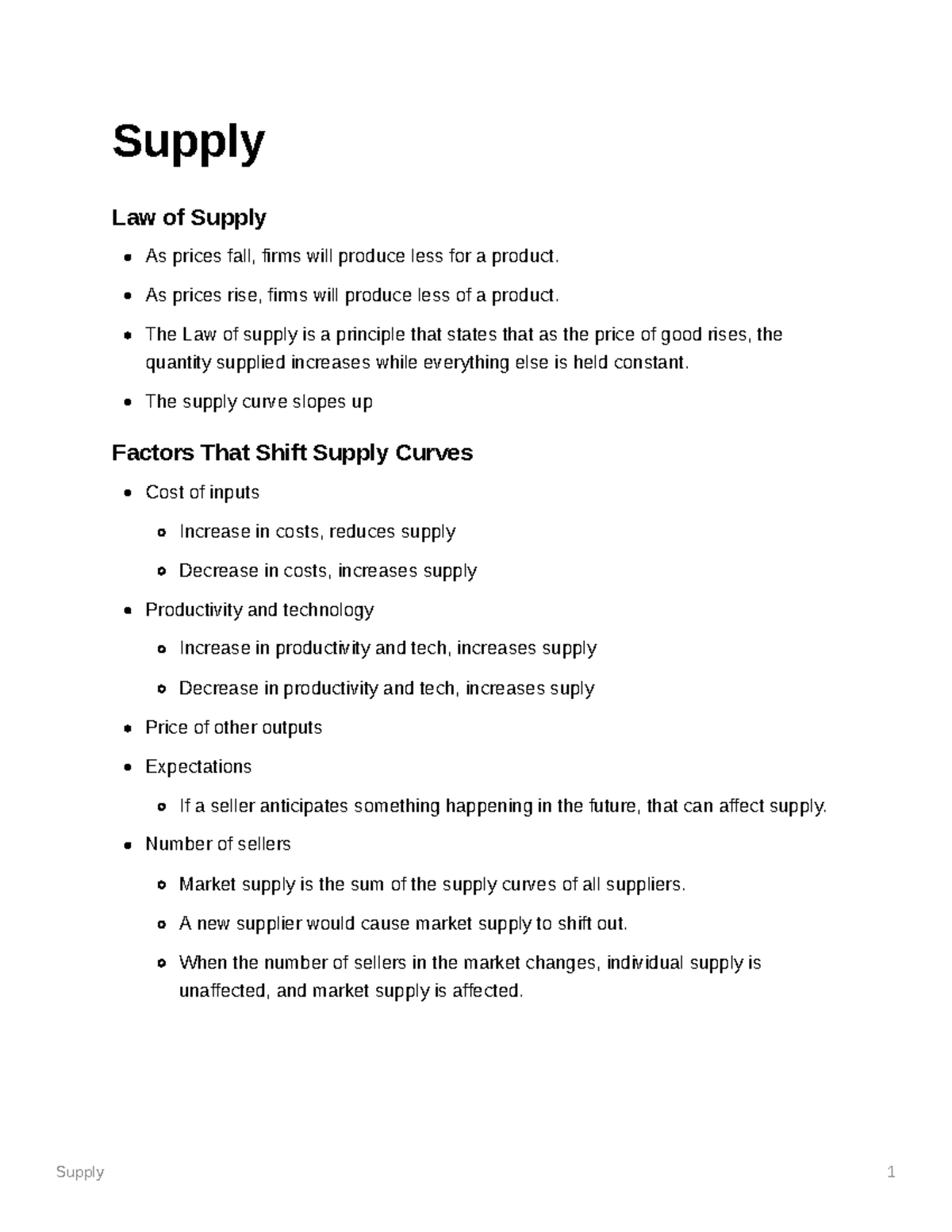 Supply Lecture Notes - Supply 1 Supply Law of Supply As prices fall ...