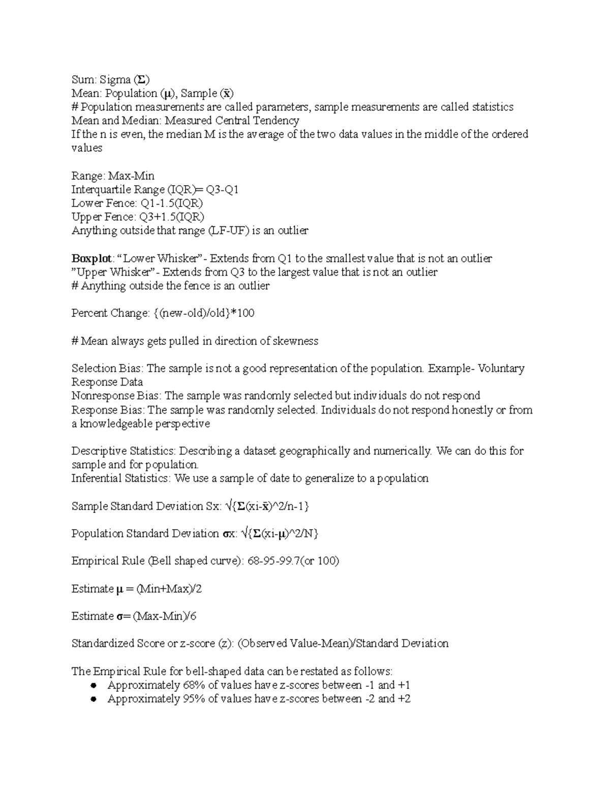 Stats 1100Q test 1 cheat sheet - Sum: Sigma (Σ) Mean: Population (μ ...