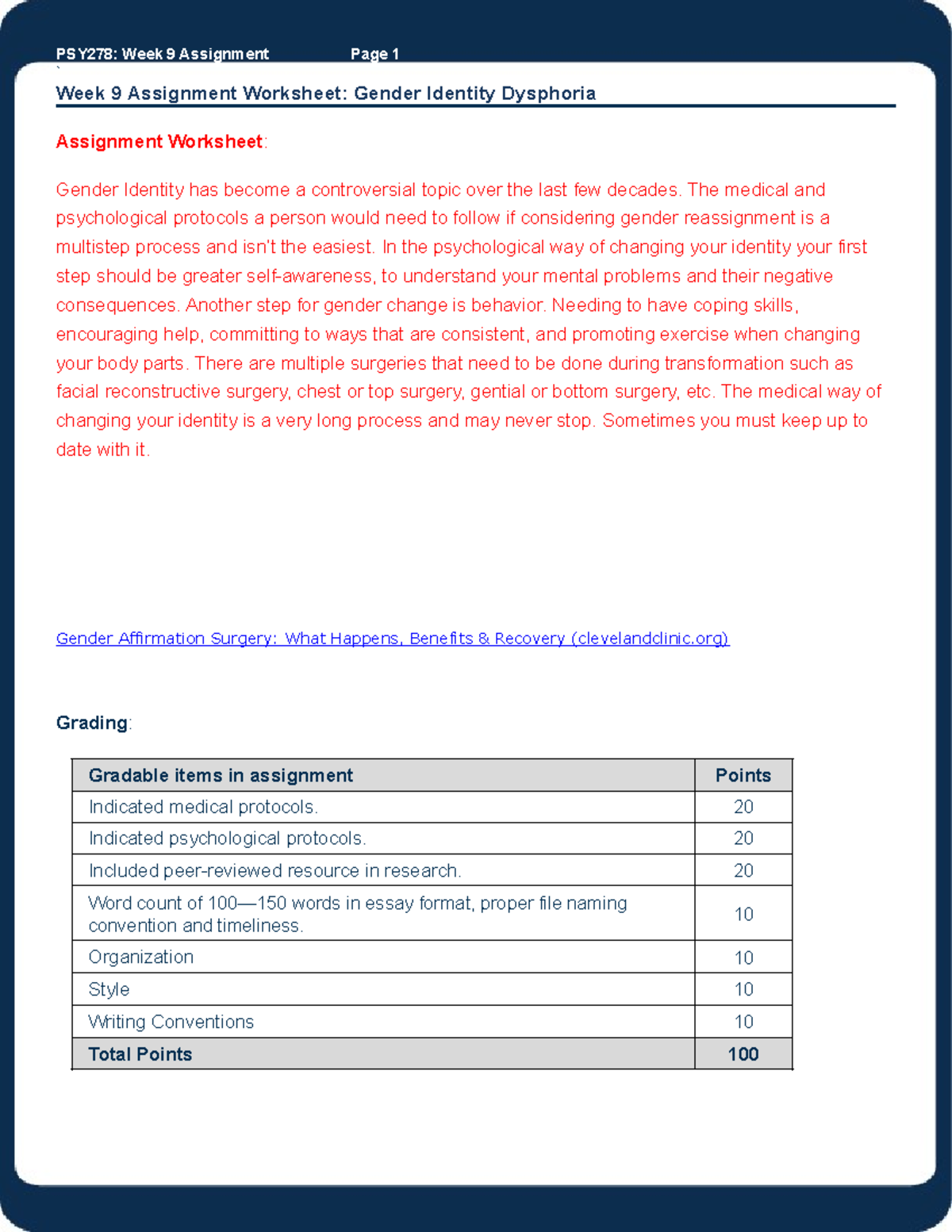 PSY278H Wk9 Assignment - PSY278: Week 9 Assignment Page 1 ` Week 9 Assignment Worksheet: Gender ...