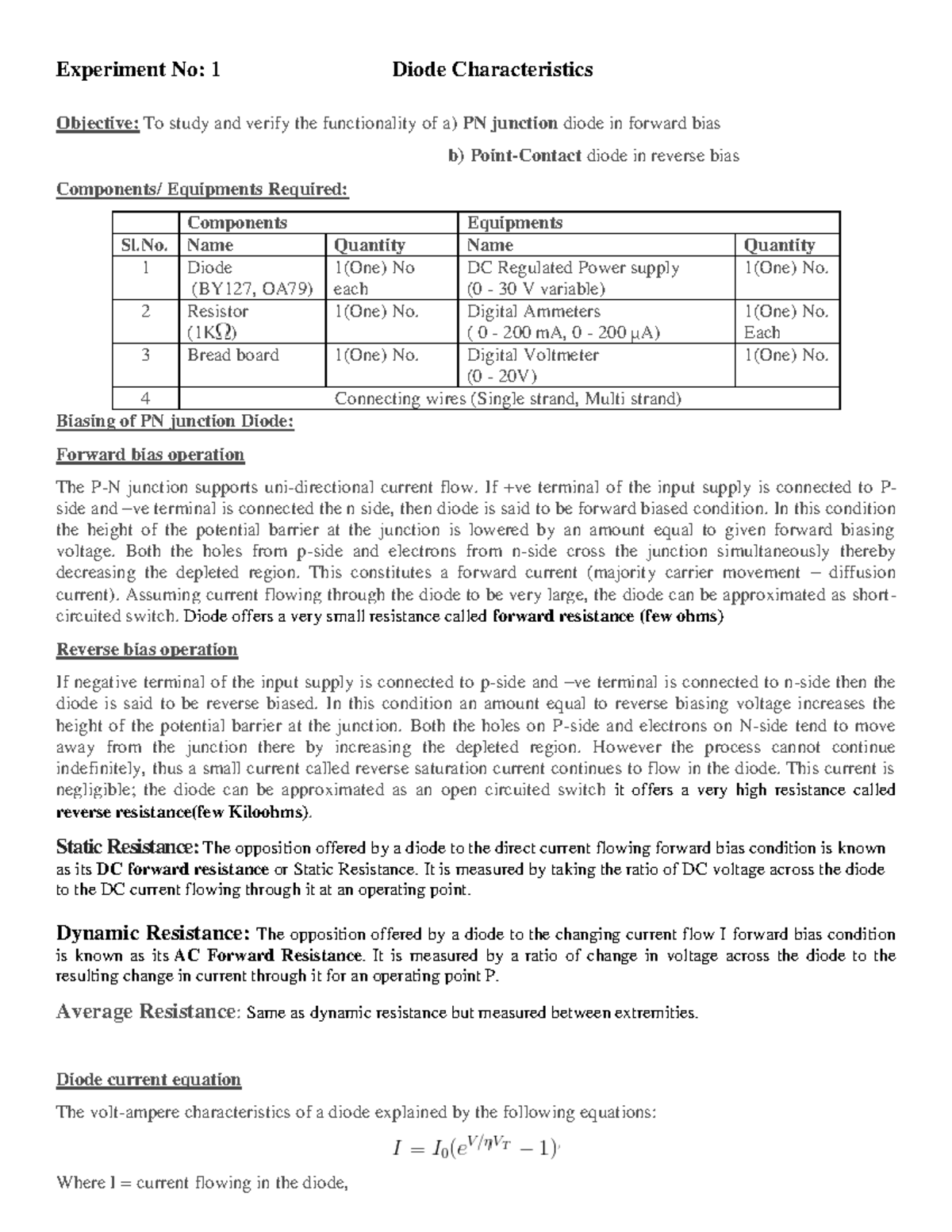 Basic-Electronics-Experiments - Experiment No: 1 Diode Characteristics ...