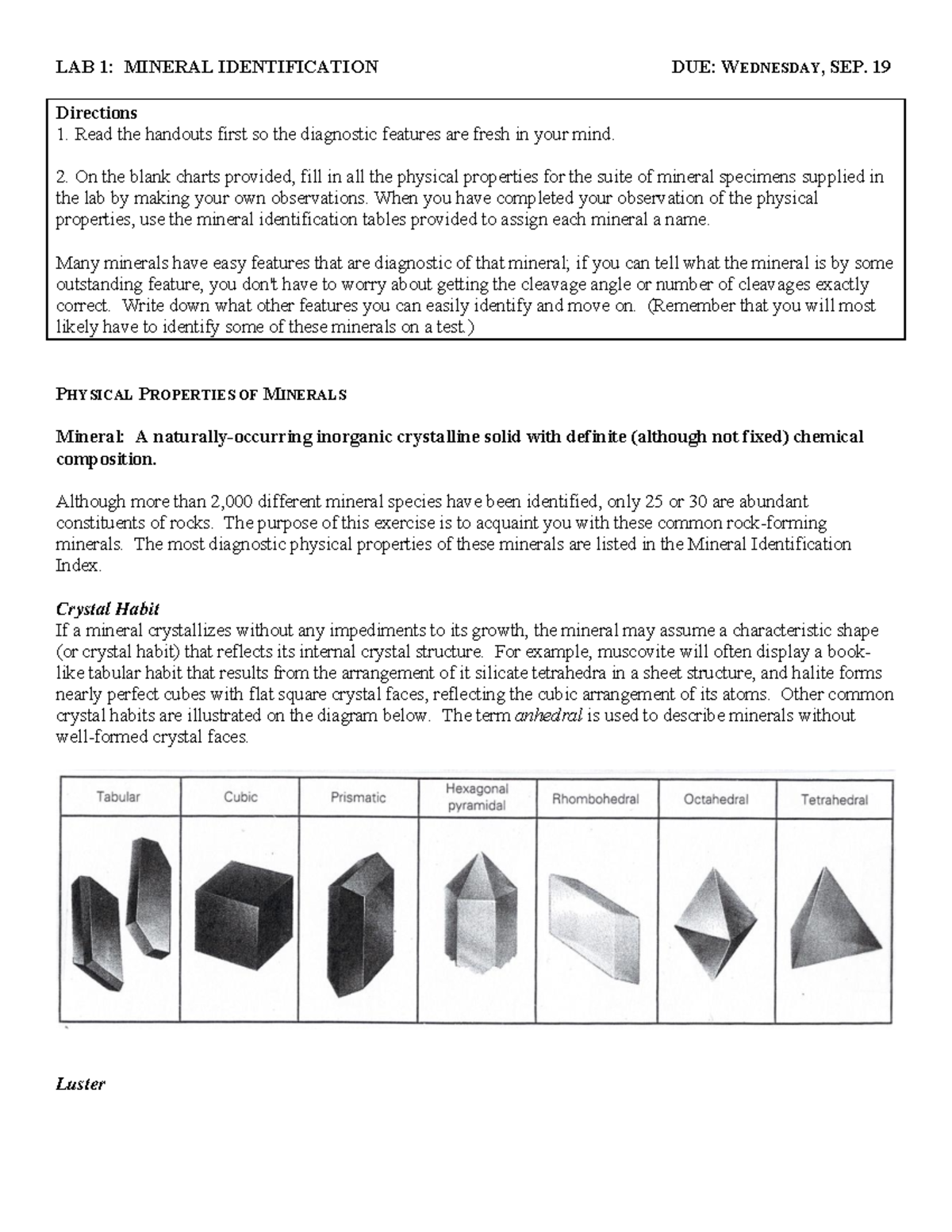 Lab1 Instrctn Minerals - LAB 1: MINERAL IDENTIFICATION DUE: WEDNESDAY ...