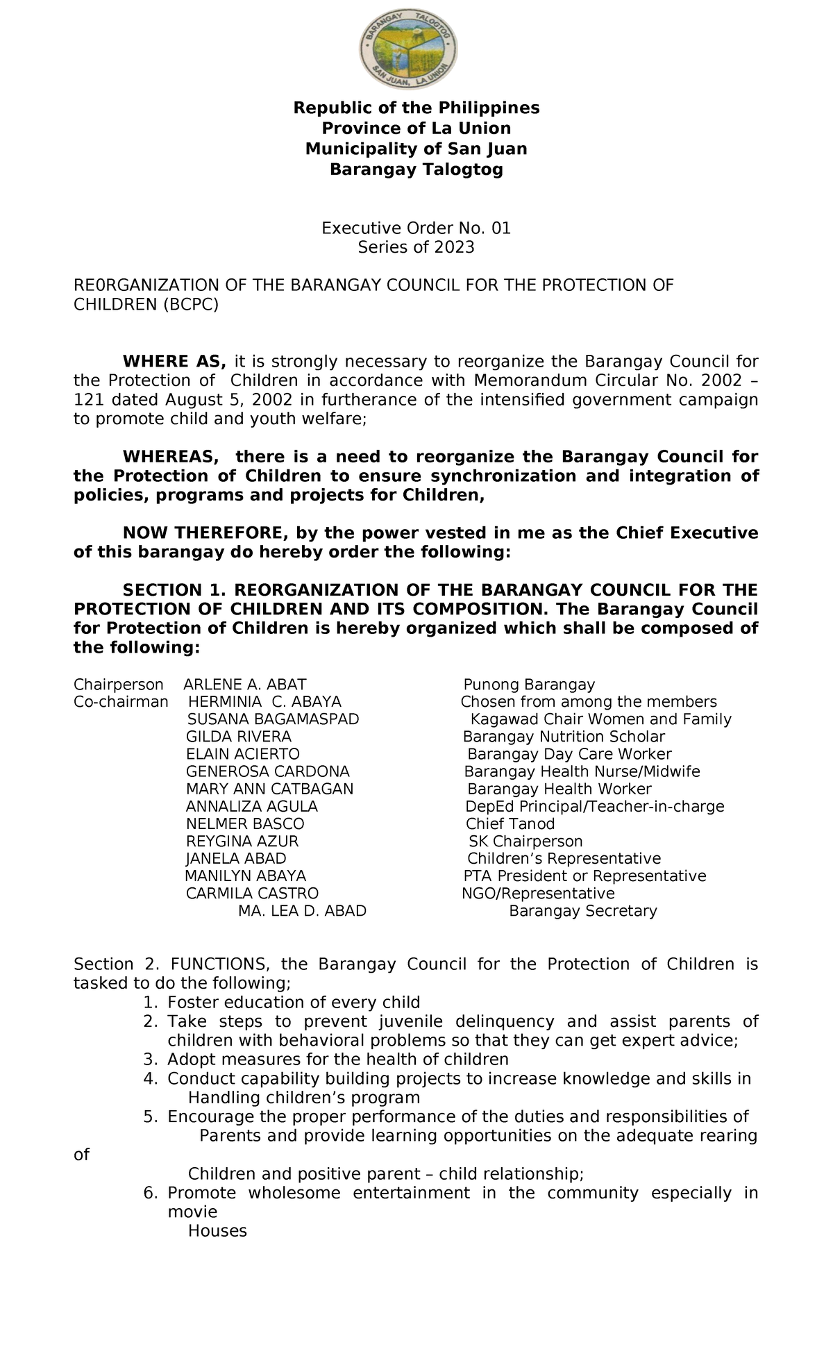 BCPC Executive Order for political courses - Republic of the ...