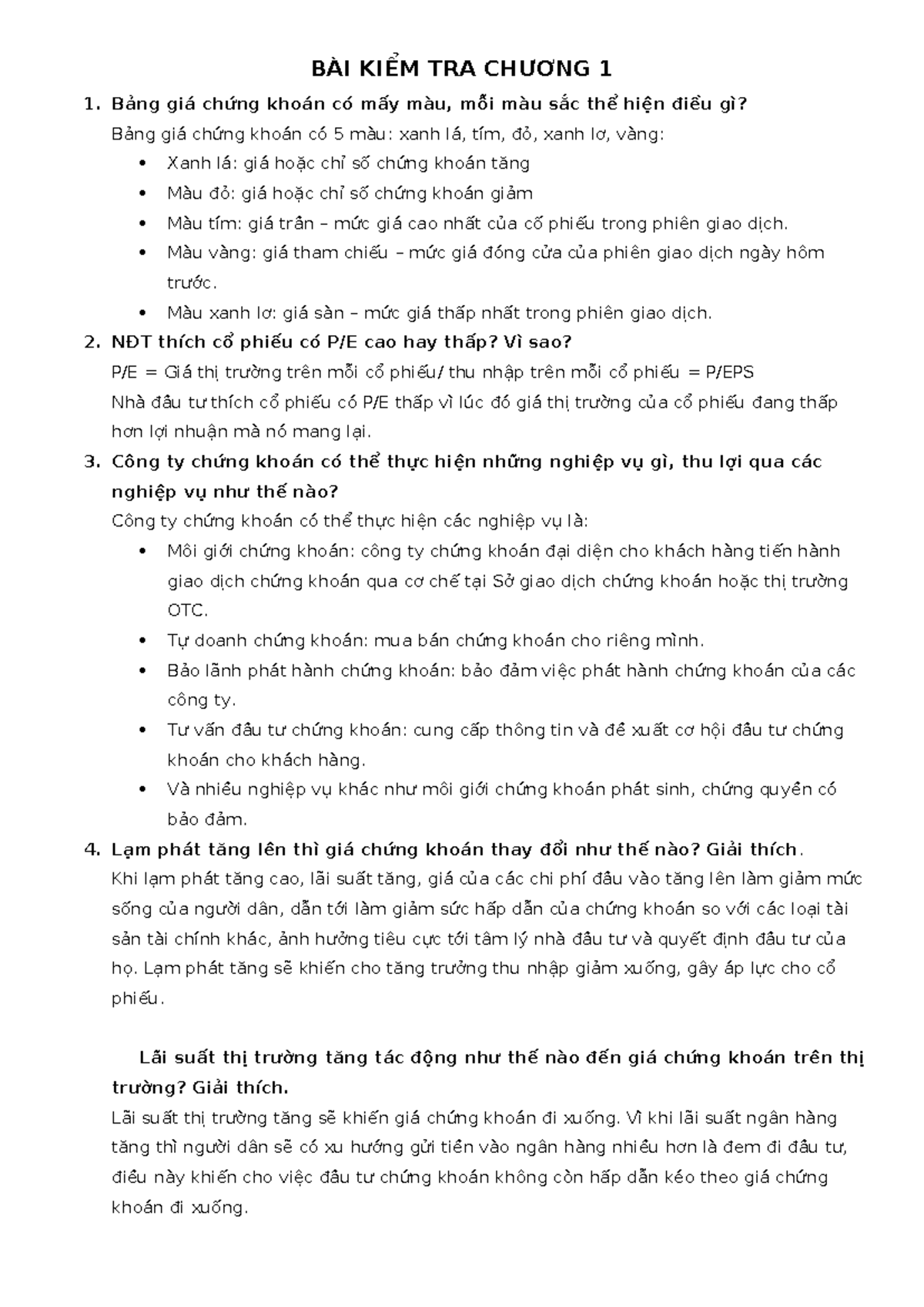 BKT C1 - TTCK - BÀI KIỂM TRA CHƯƠNG 1 Bảng giá chứng khoán có mấy màu, mỗi màu sắc thể hiện điều ...