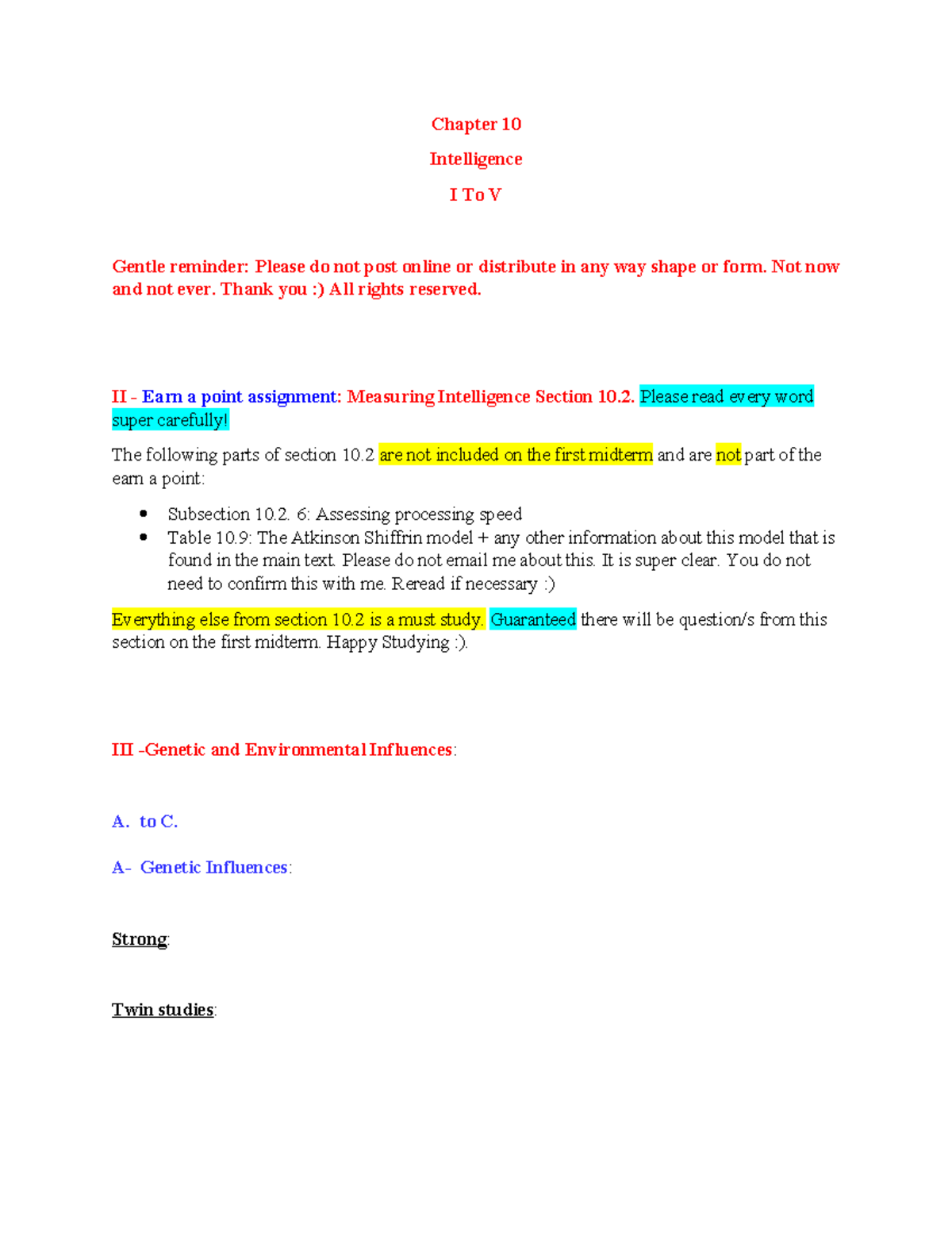 Bullet Points Intelligence CH.10 LECT 2 - Chapter 10 Intelligence I To V Gentle reminder: Please ...