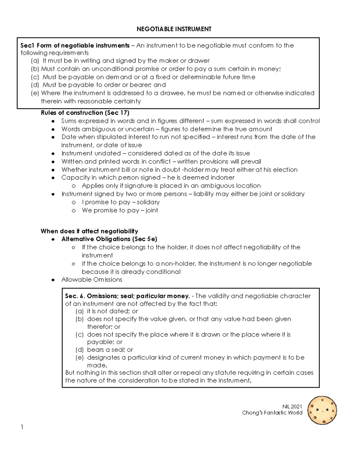 Negotiable Instruments Law Notes - NEGOTIABLE INSTRUMENT Sec1 Form of ...
