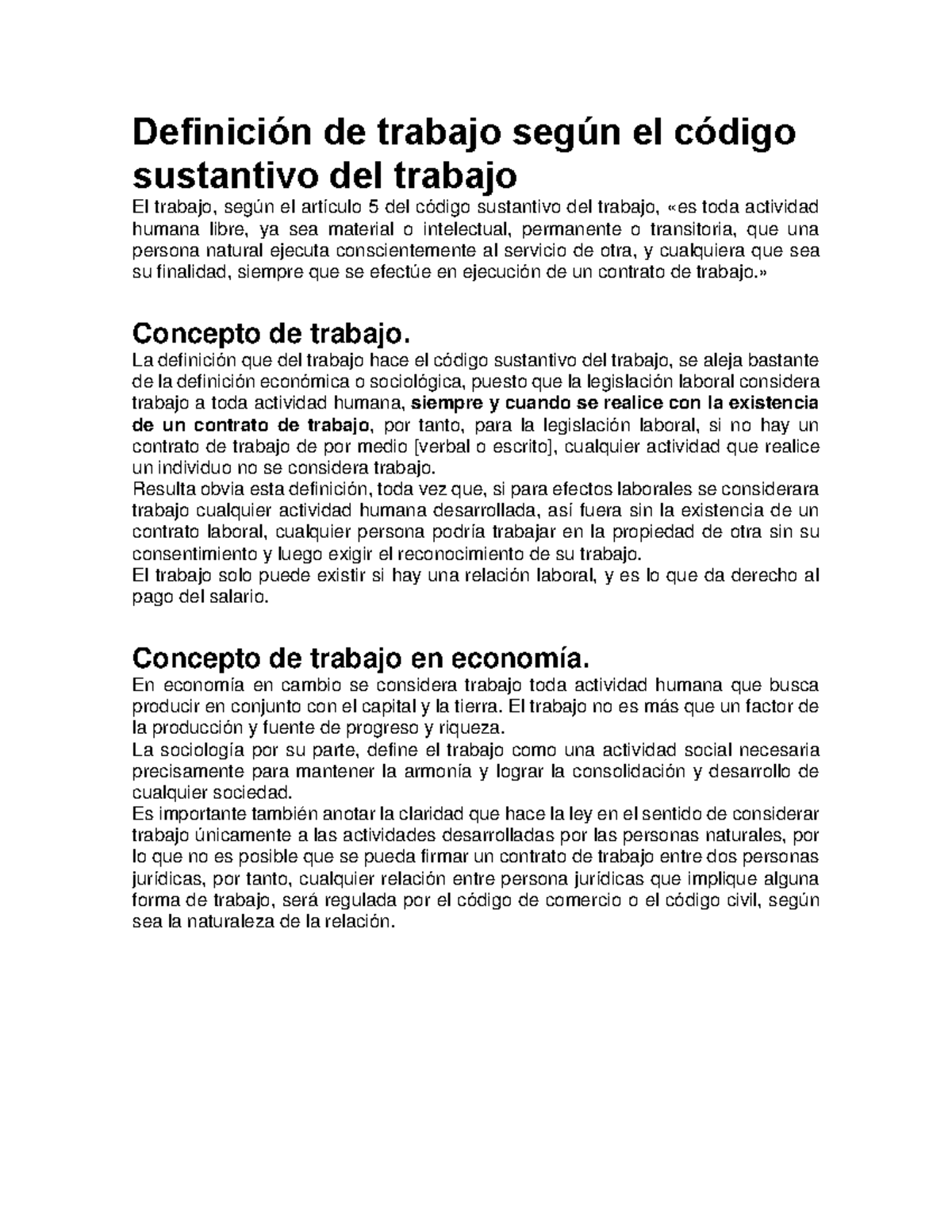 Definición de trabajo según el código sustantivo del trabajo ...