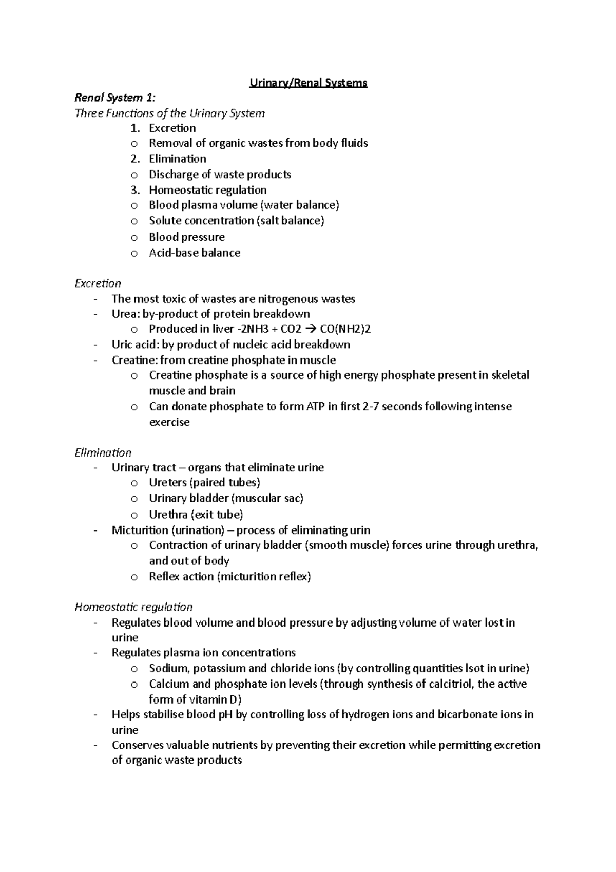Urinary and Renal System Lecture notes - Urinary/Renal Systems Renal ...