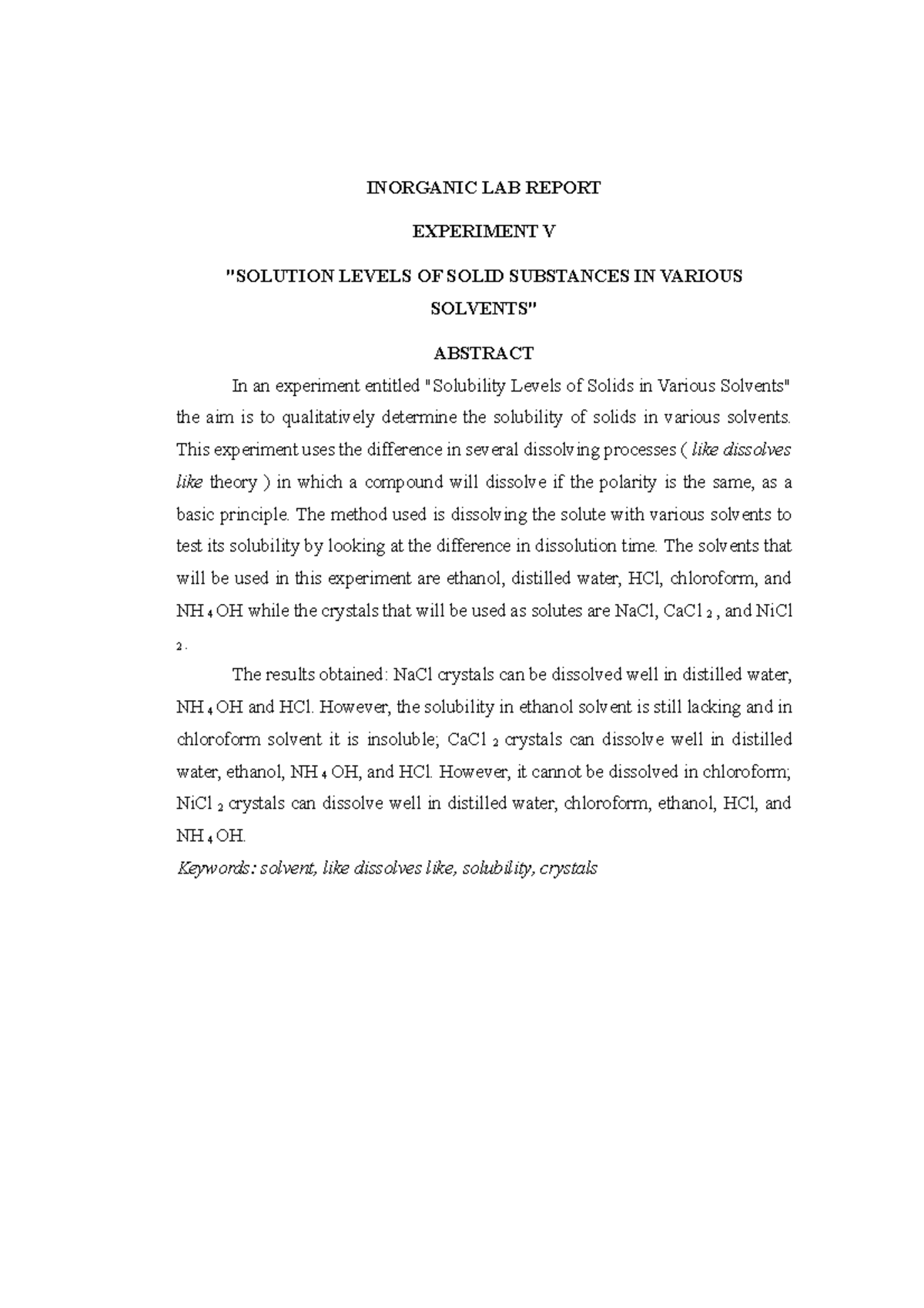 Solution Levels of Solid Substances in Various Solvents - INORGANIC LAB ...