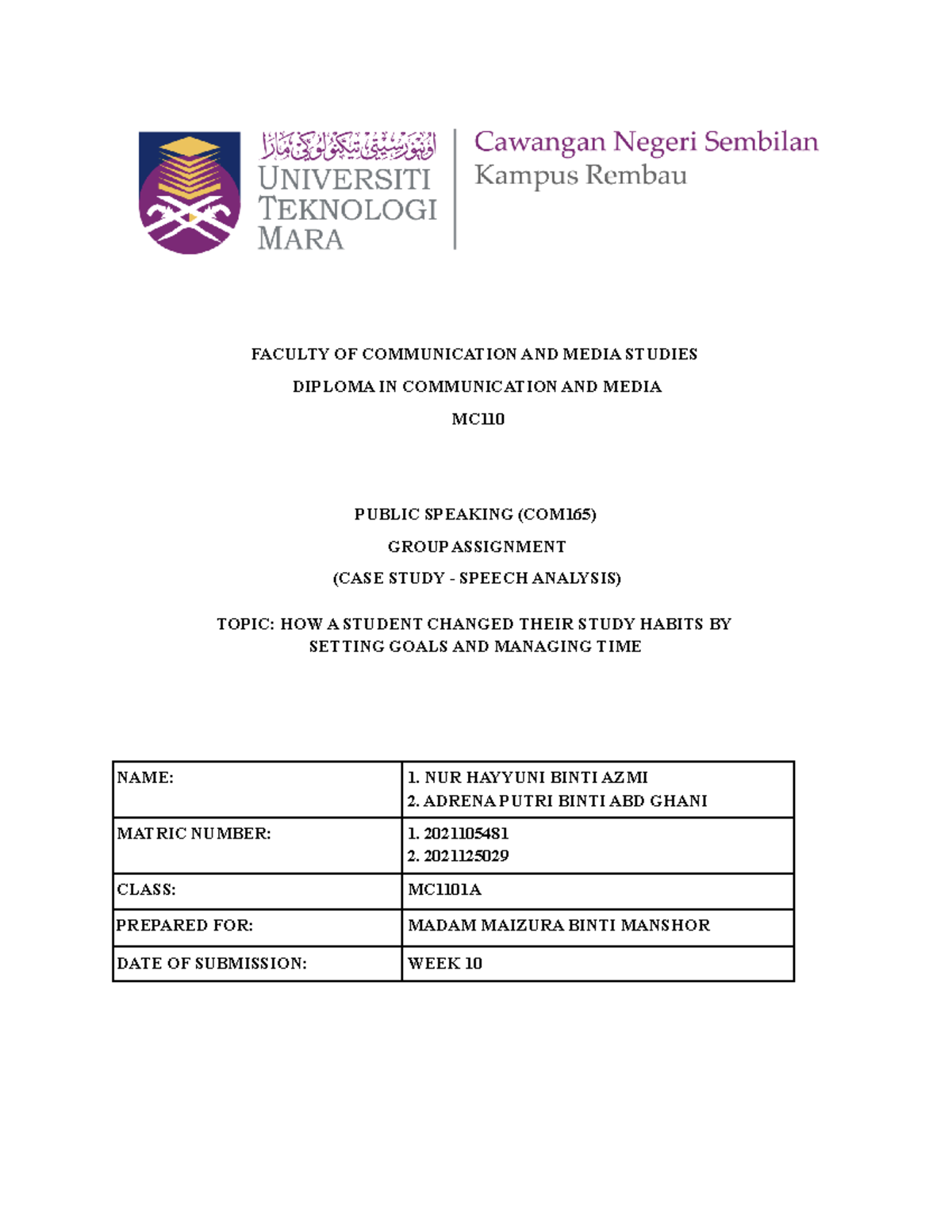COM165- CASE STUDY (PAIR WORK) - FACULTY OF COMMUNICATION AND MEDIA STUDIES DIPLOMA IN ...