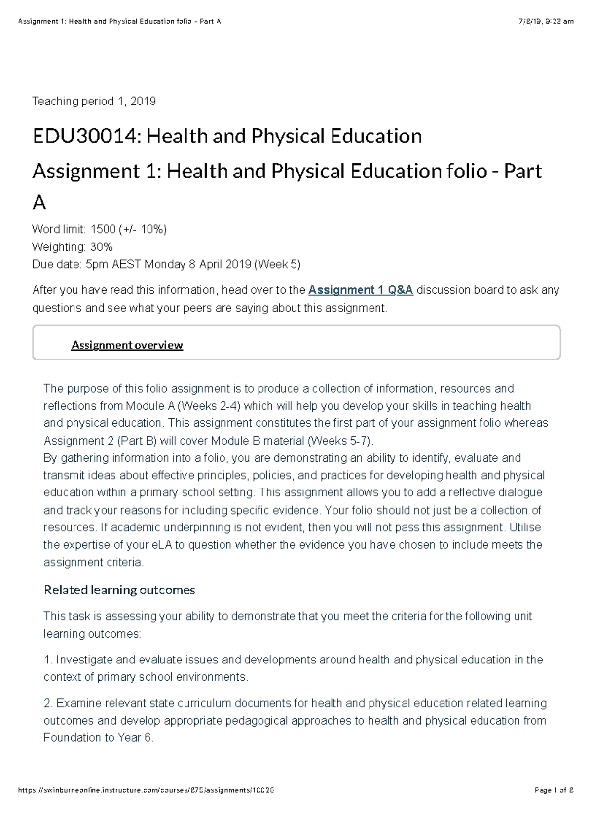 Assignment 1: Health and Physical Education folio - Part A - Assignment ...