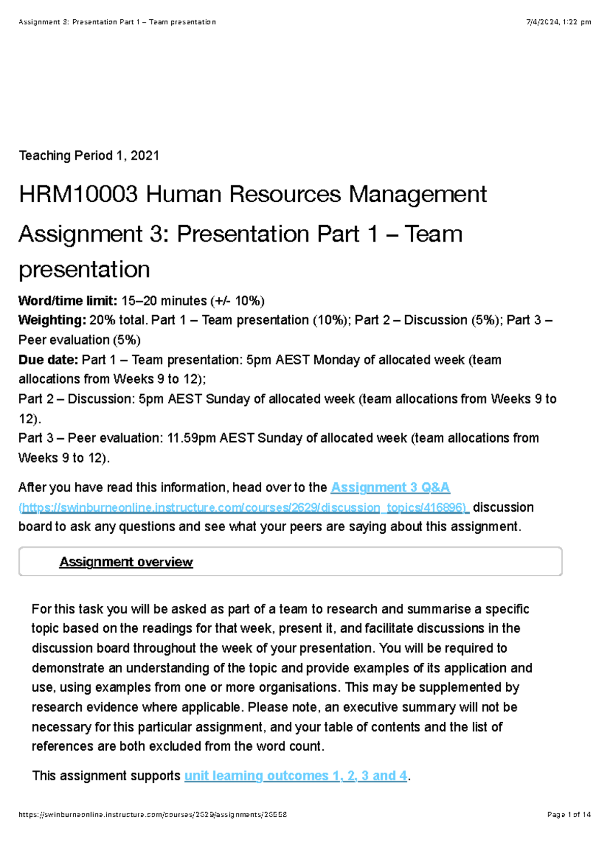 Assignment 3: Presentation Part 1 – Team presentation - Teaching Period 1, 2021 HRM10003 Human ...