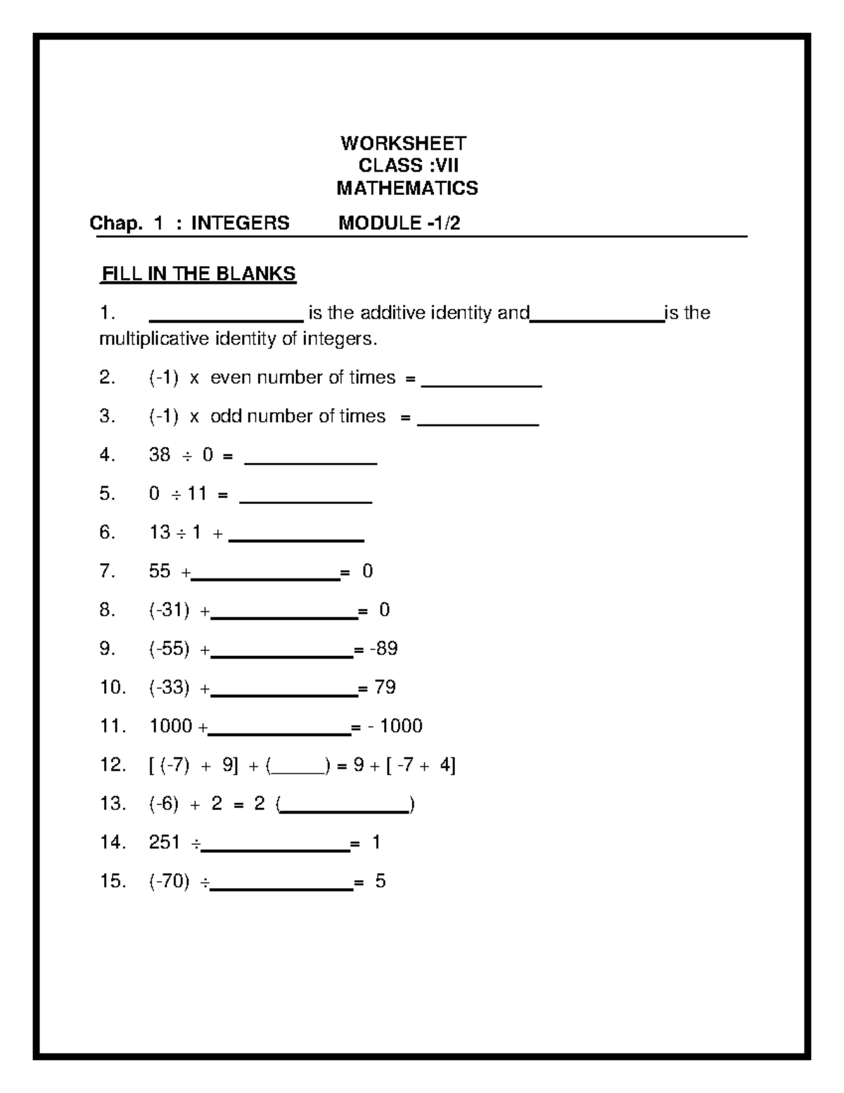 VII Maths Worksheet 1- Integers - WORKSHEET CLASS :VII MATHEMATICS Chap. 1 : INTEGERS MODULE -1 ...