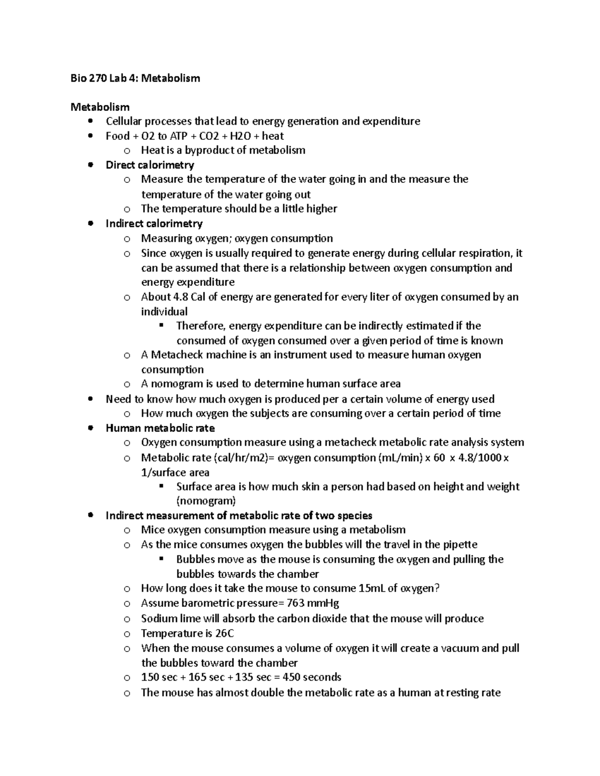 Bio 270 Lab 4 - dr. hynde - Bio 270 Lab 4: Metabolism Metabolism ...