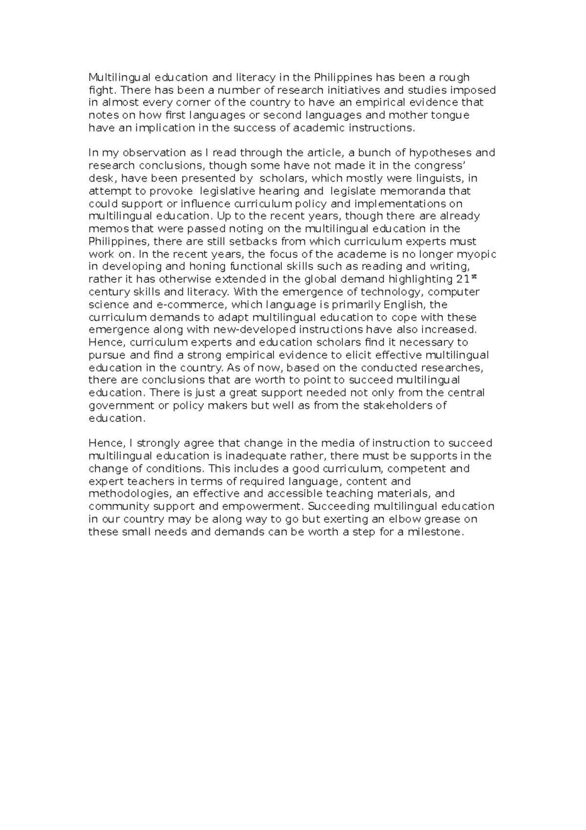 Multilingual Education Reflection - Multilingual education and literacy ...