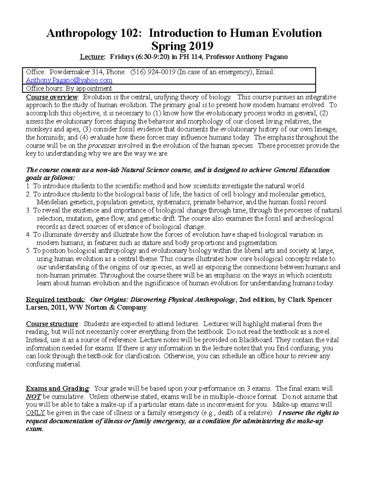 Syllabus Spring 2019 Fri - Anthropology 102: Introduction to Human ...