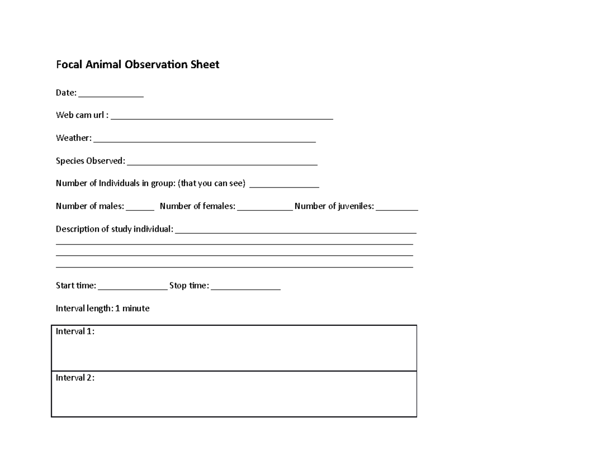 Online Animal Observation Sheet - Focal Animal Observation Sheet Date ...