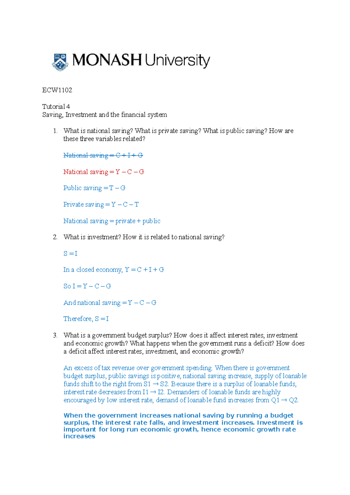 Tutorial 3 - ECW Tutorial 4 Saving, Investment and the financial system ...