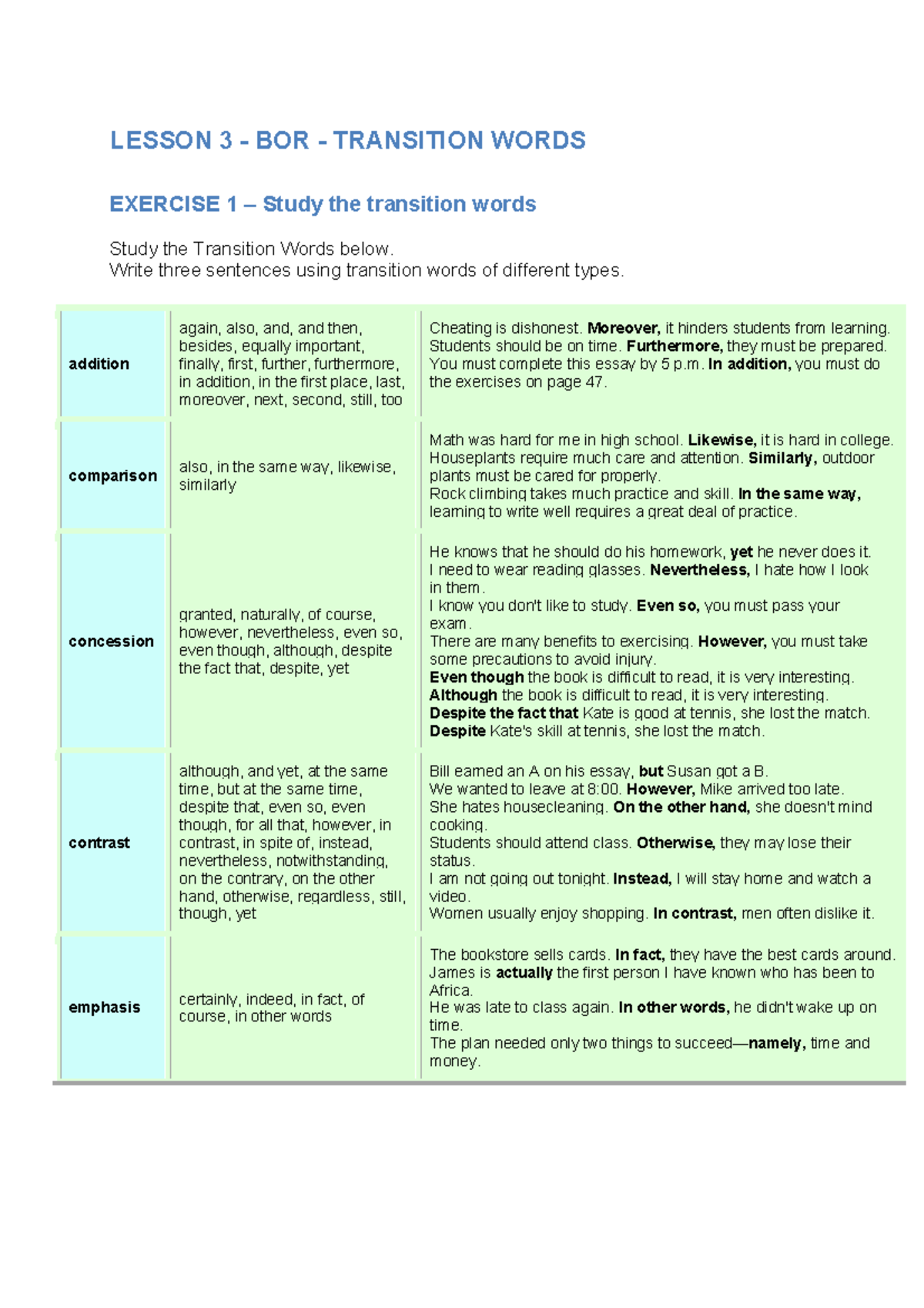 Essay transition words - LESSON 3 - BOR - TRANSITION WORDS EXERCISE 1 ...