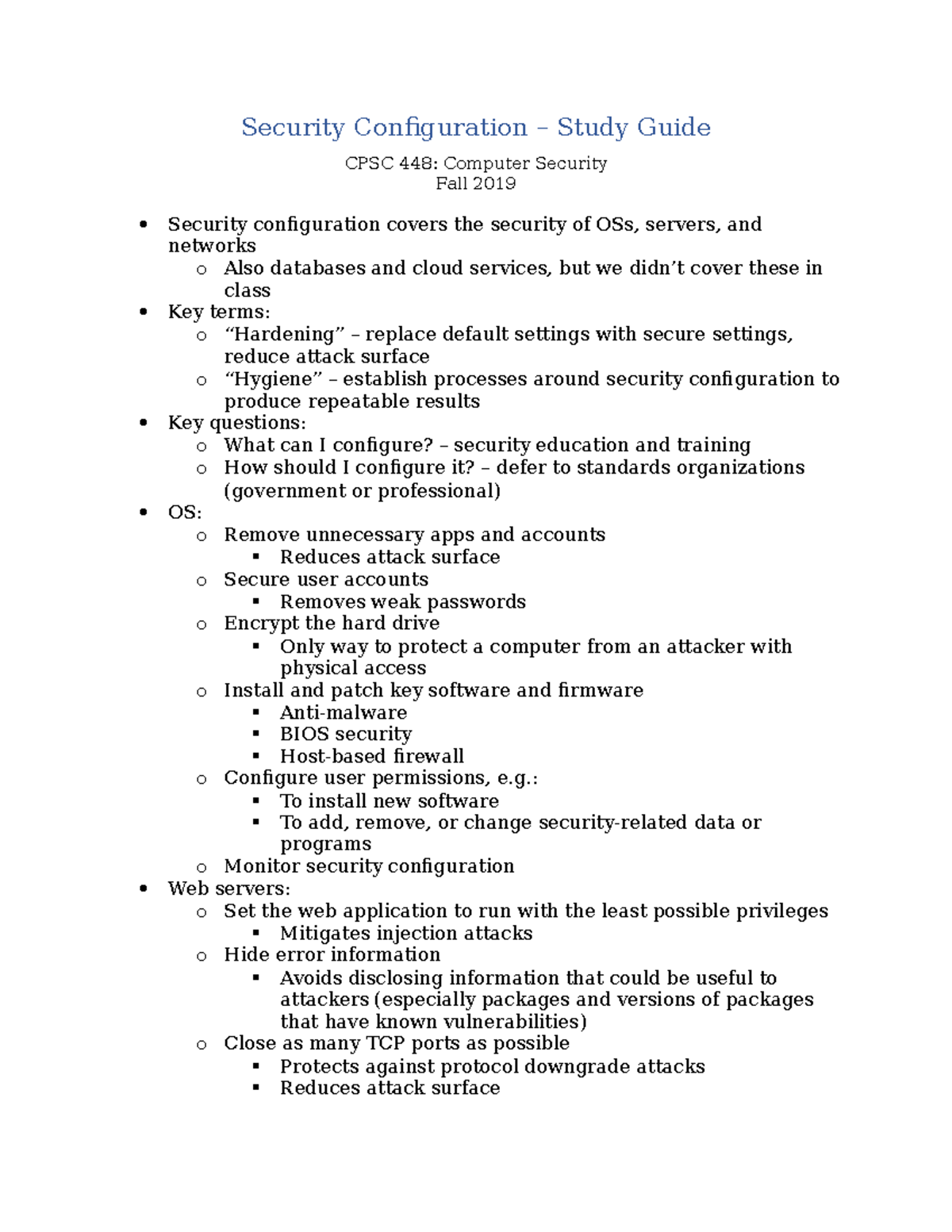 Security Configuration Study Guide - Security Configuration – Study Guide CPSC 448: Computer ...