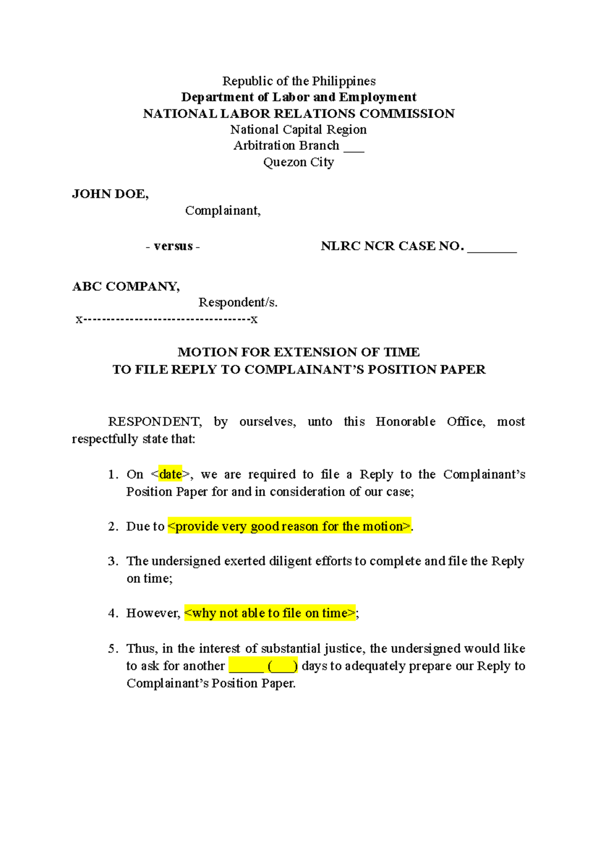 Motion For Extension sample - Republic of the Philippines Department of Labor and Employment ...