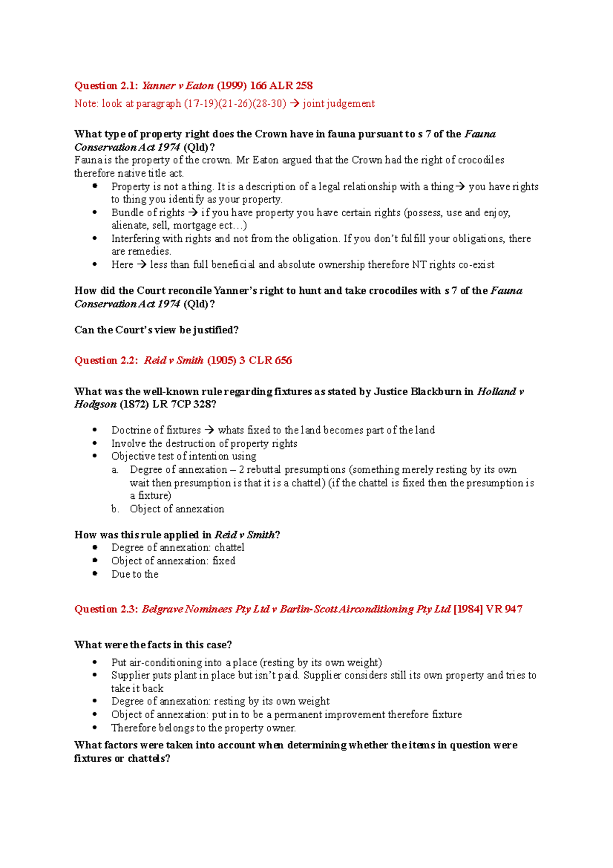 Llb204 week 2 tutorial - notes - Question 2: Yanner v Eaton (1999) 166 ...