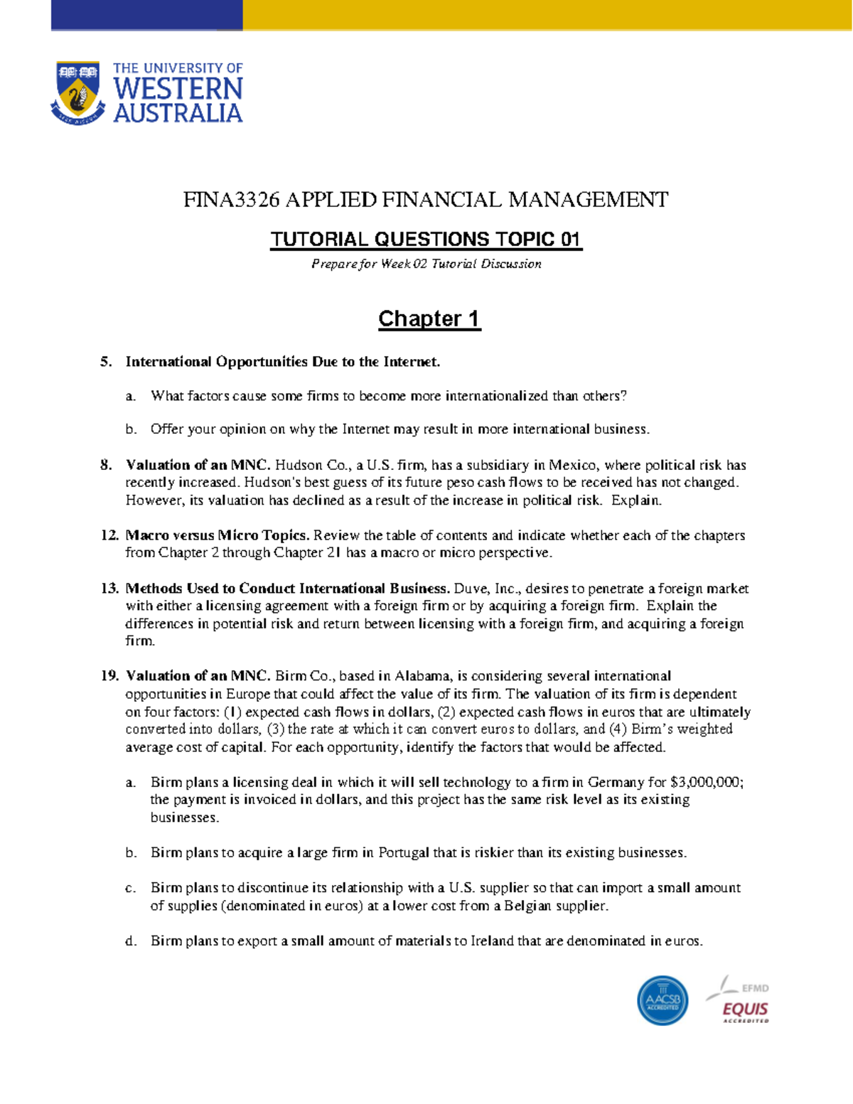 Tutorial Questions 01 - AFM - FINA3326 APPLIED FINANCIAL MANAGEMENT ...