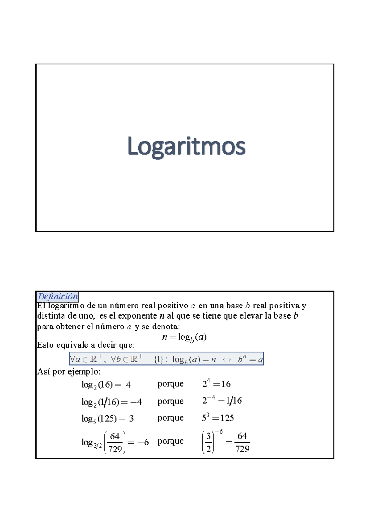 S1.C2 - Apuntes de exponentes - Logaritmos Definición El logaritmo de ...