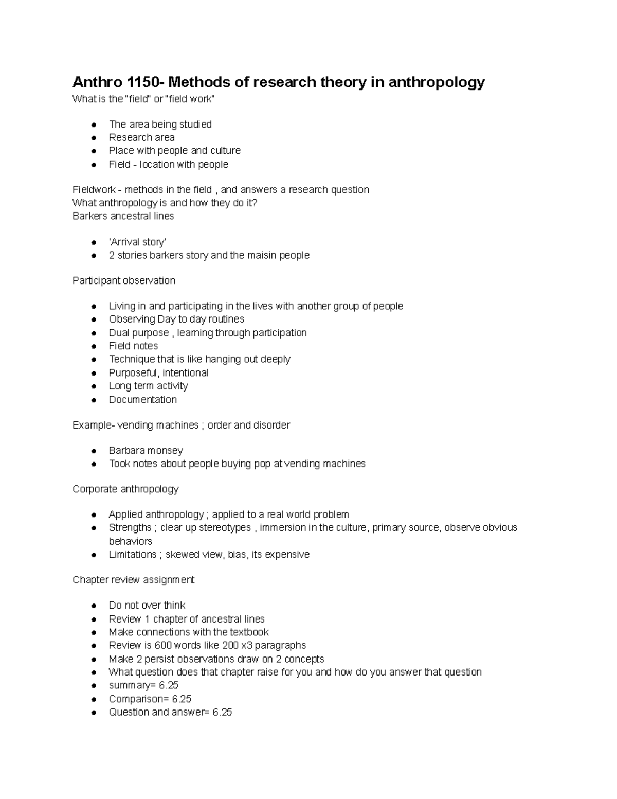 Anthro 1150- Methods of research theory in anthropology - Comparison= 6 ...