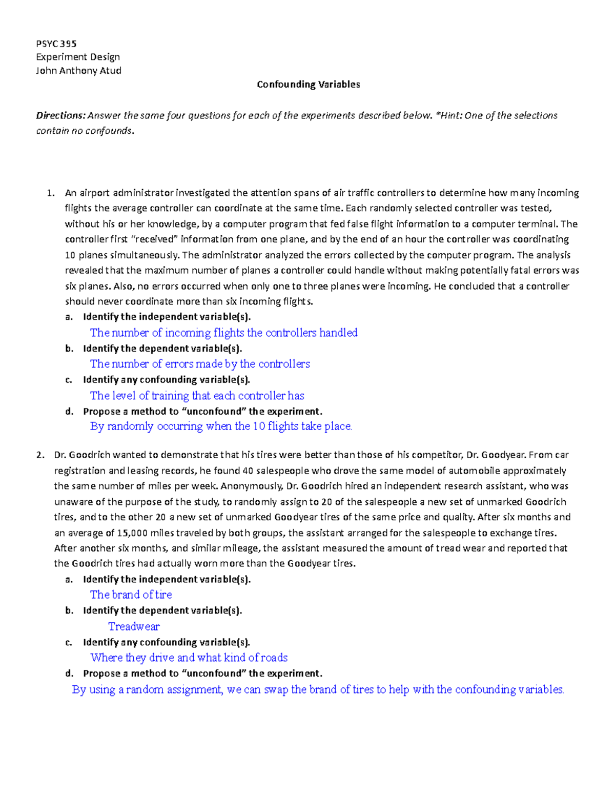 Activity Confounding Variables Psyc 395 Experiment Design John