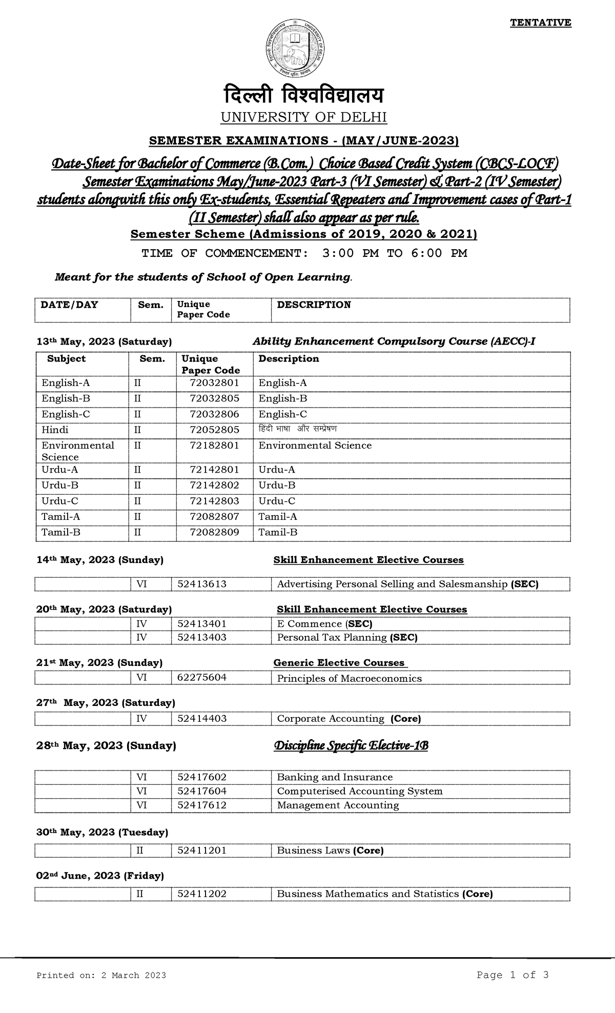 BCOM-2022-II-IV -VI SEM(CBCS)-SOL-03-03-3023 - Printed on: 2 March 2023 Page 1 of 3 TENTATIVE ...