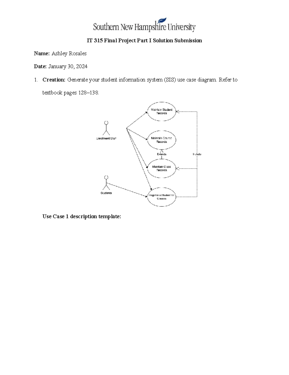 IT 315 Final Project Part I Solution Submission - Refer to textbook pages 128–138. Use Case 1 ...