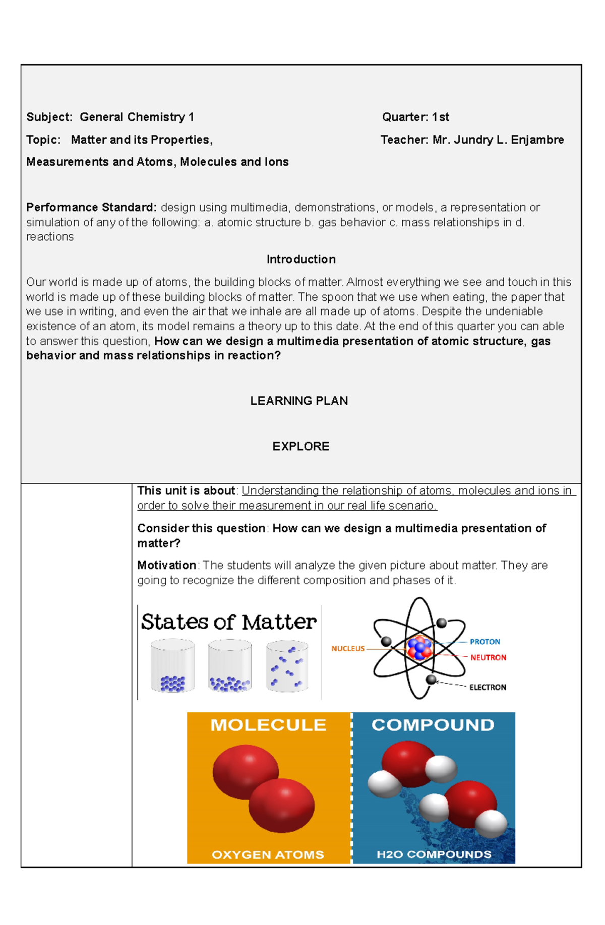 Learning Plan in General Chemistry 11st Quarter - Subject: General ...