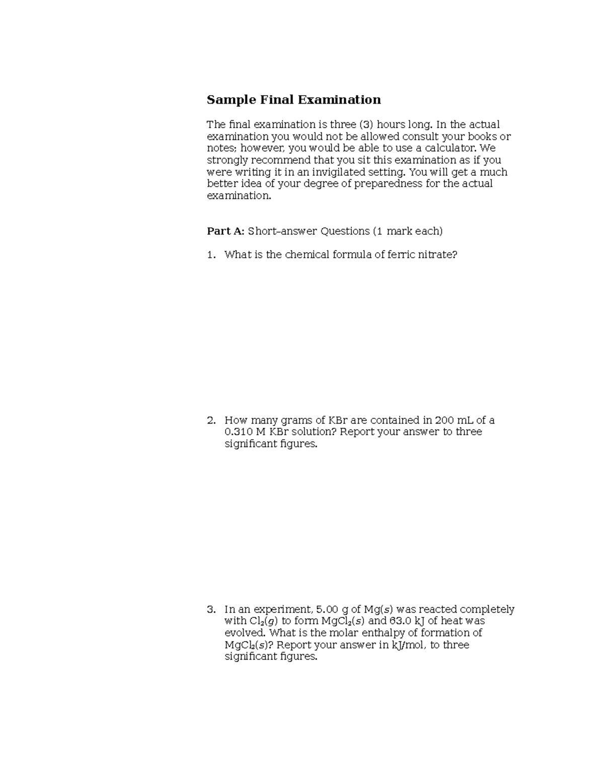 Sample Final Examination - In the actual examination you would not be ...