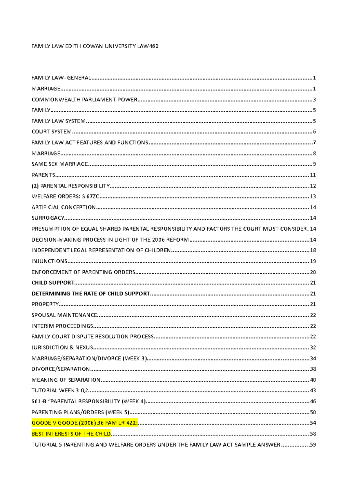Family Law Semester Notes - FAMILY LAW EDITH COWAN UNIVERSITY ...