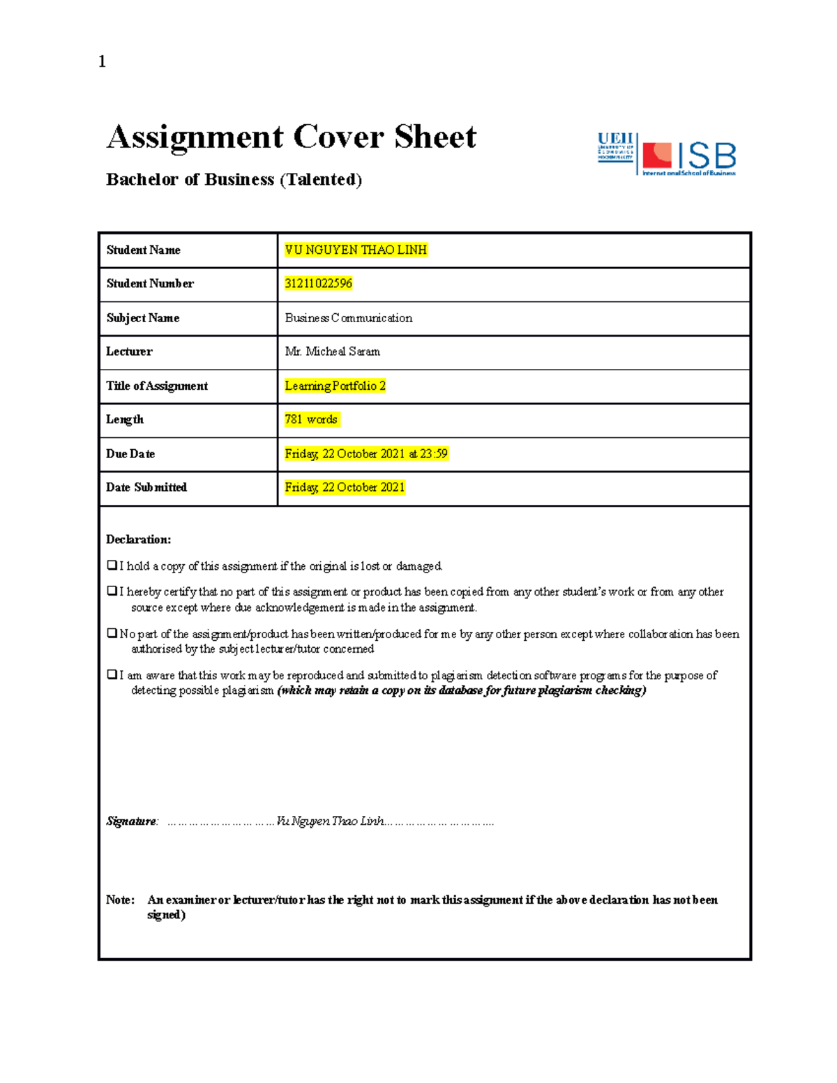 LP2 31211022596 Vu Nguyen Thao Linh BC2 - Assignment Cover Sheet ...