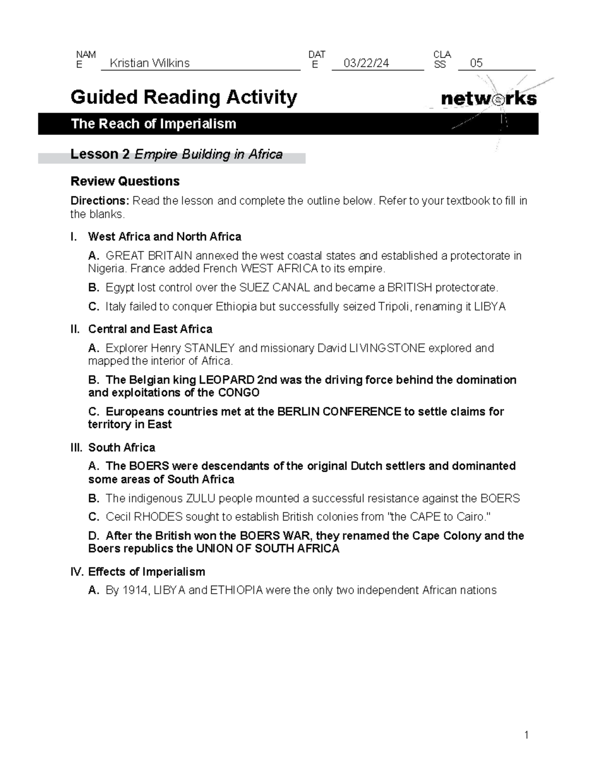 Lesson 2 Empire Building in Africa Guided Reading Activity Editable ...