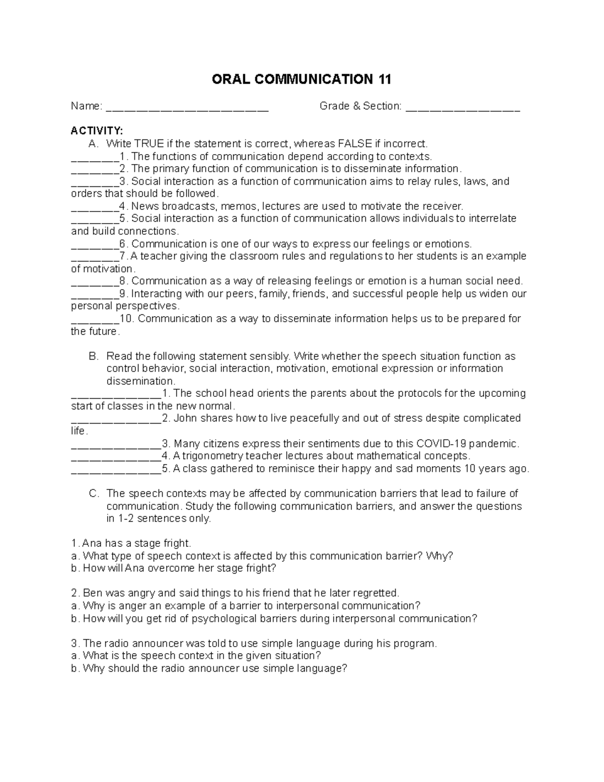 ORAL Communication 11 activity 2 - ORAL COMMUNICATION 11 Name