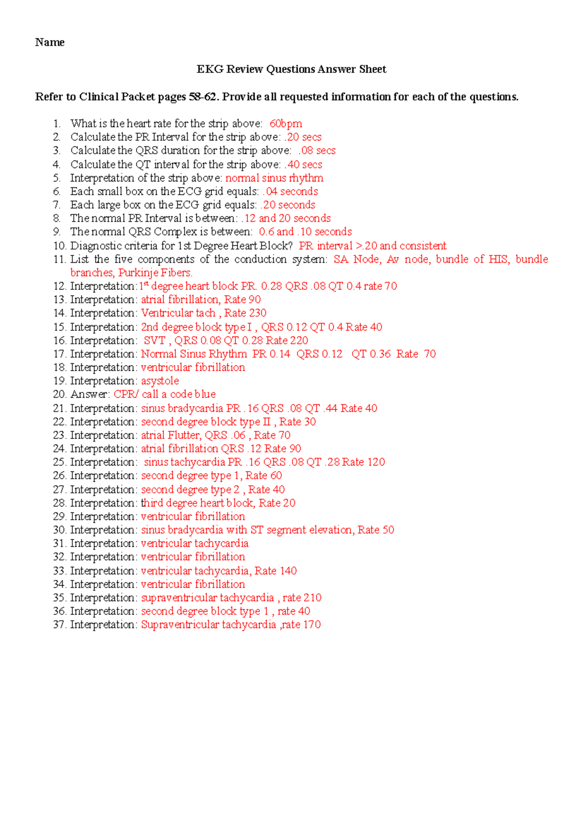 Week 4 ekg - EKG READINGS - Name EKG Review Questions Answer Sheet ...