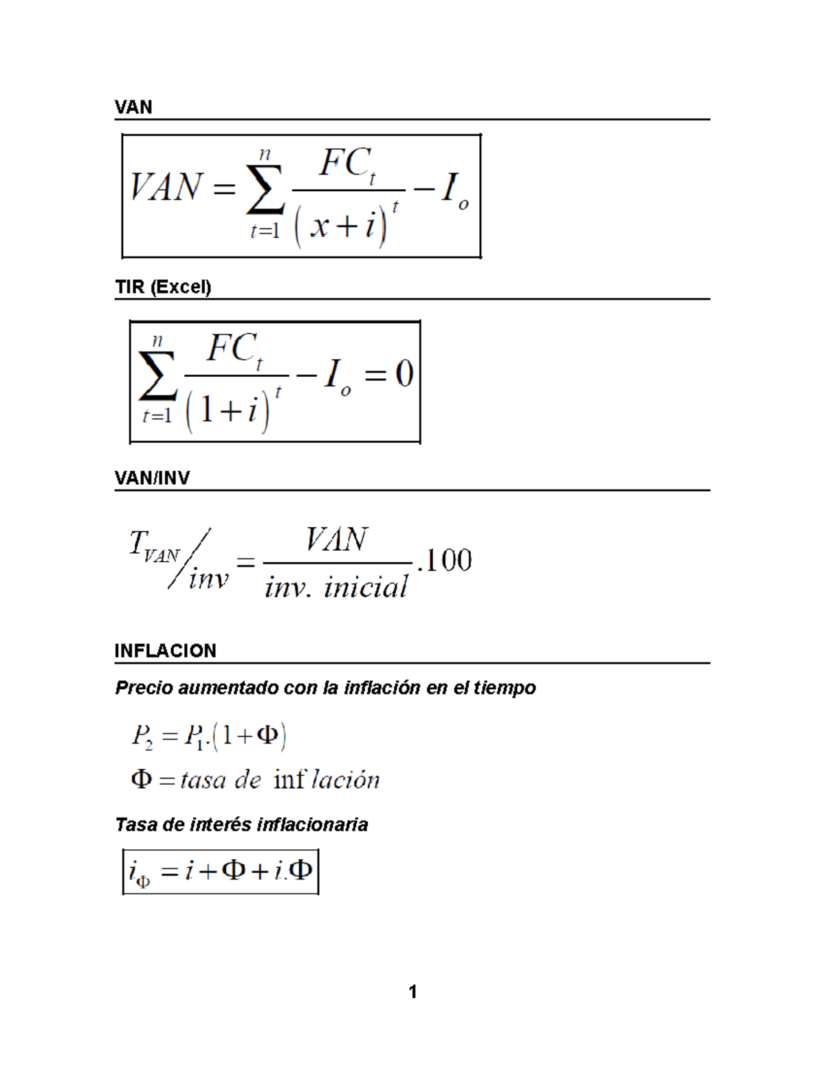 Apuntes Formulas Inversiones - VAN TIR (Excel) VAN/INV INFLACION Precio ...